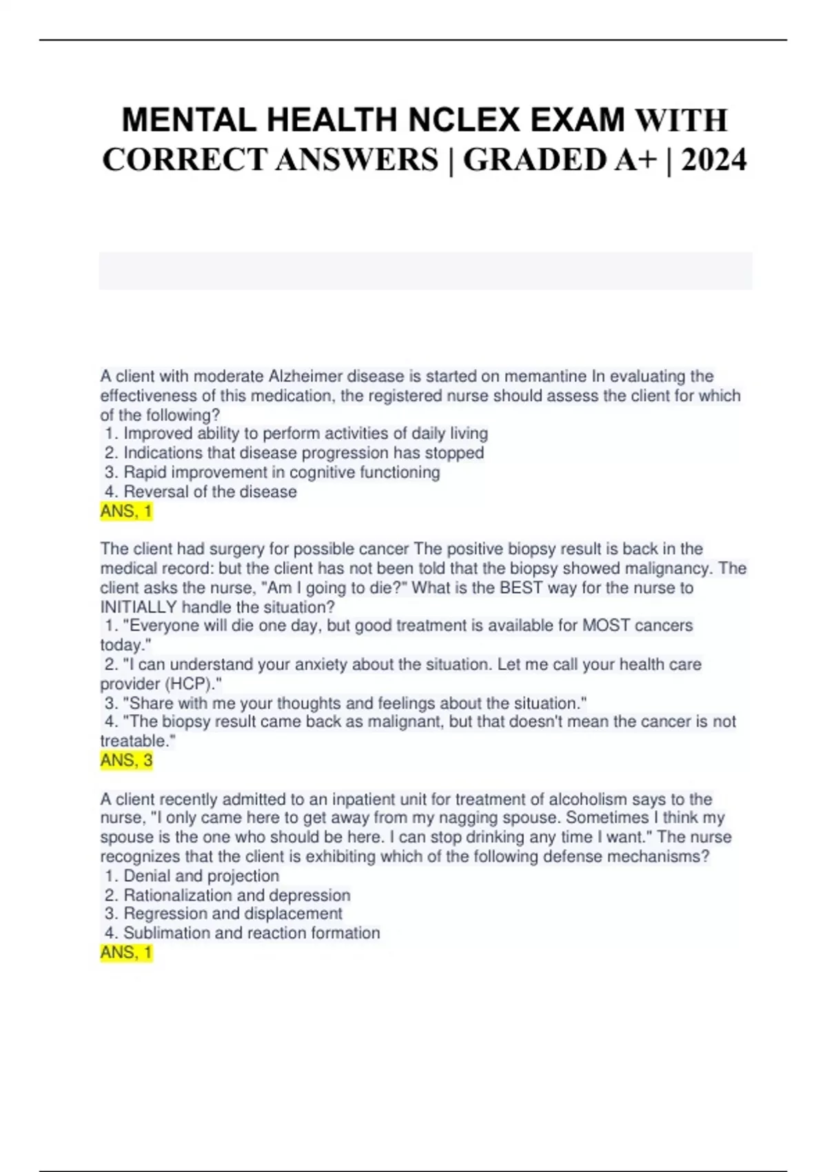 MENTAL HEALTH NCLEX EXAM WITH CORRECT ANSWERS | GRADED A+ | 2024 ...