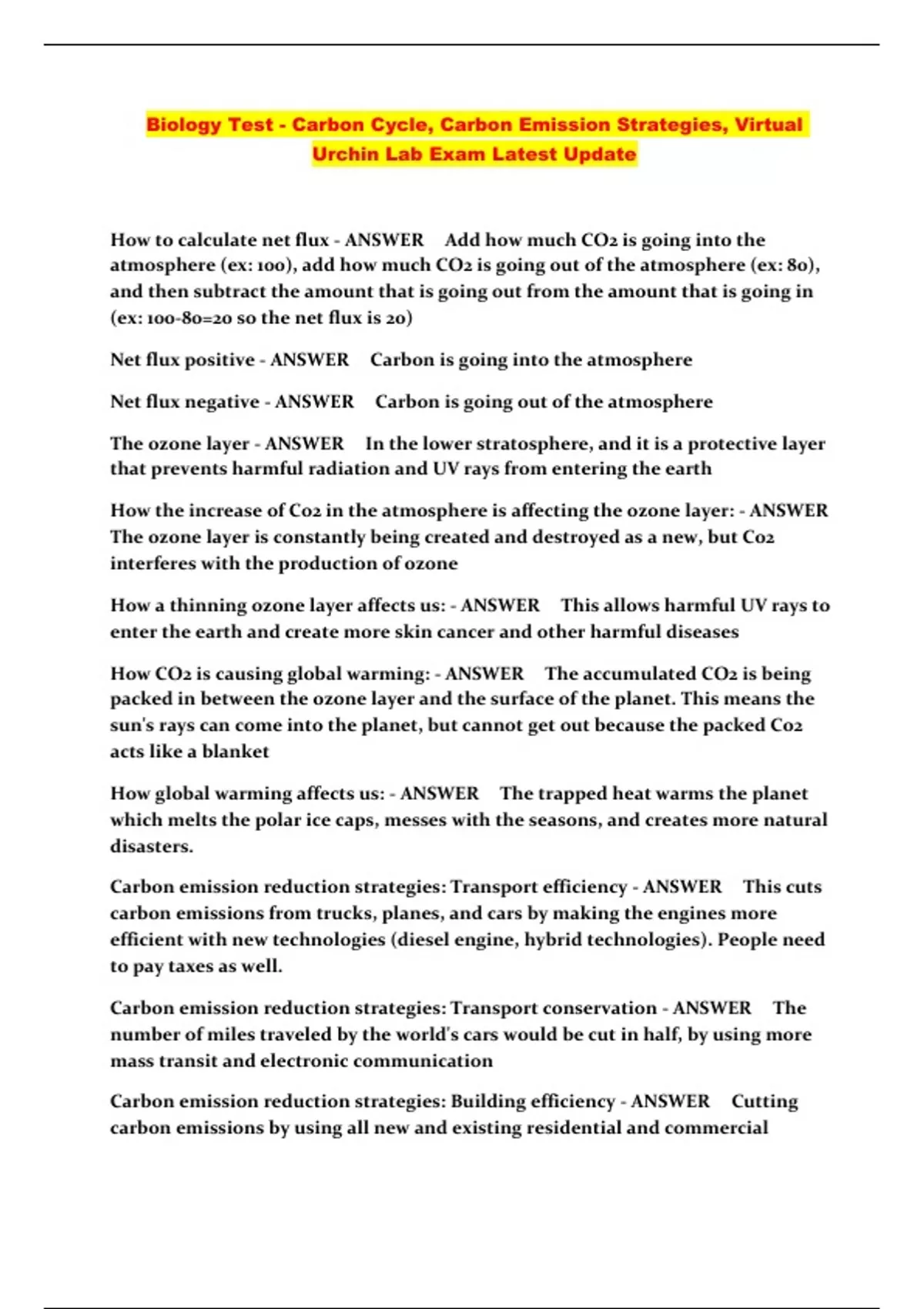 Biology Test - Carbon Cycle, Carbon Emission Strategies, Virtual Urchin ...