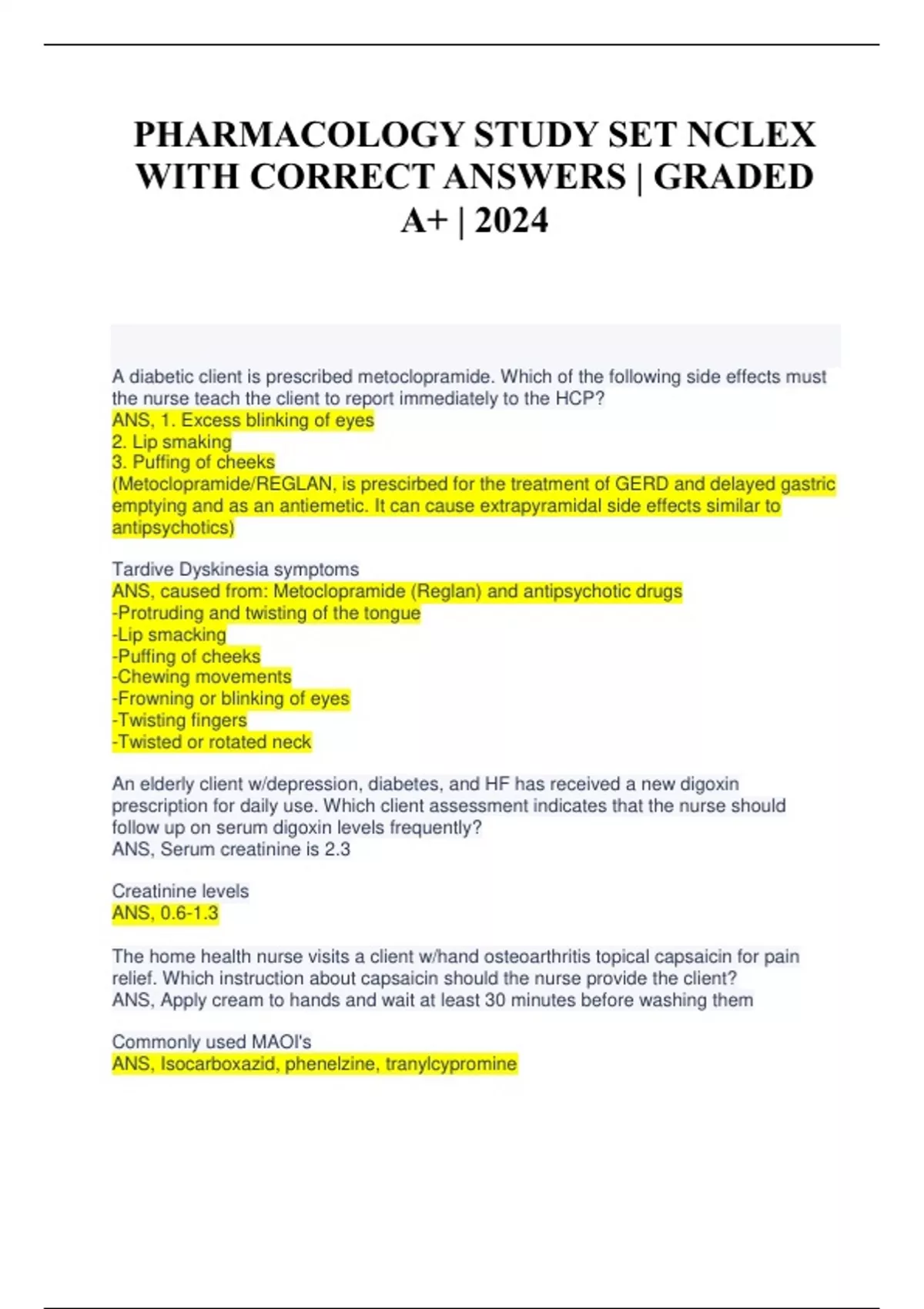 PHARMACOLOGY STUDY SET NCLEX WITH CORRECT ANSWERS | GRADED A+ | 2024 ...