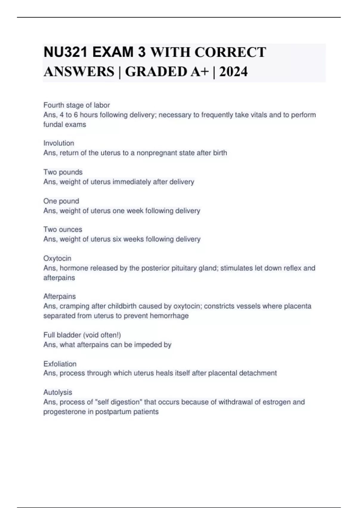 NU321 EXAM 3 WITH CORRECT ANSWERS | GRADED A+ | 2024 - NU 321 - Stuvia US