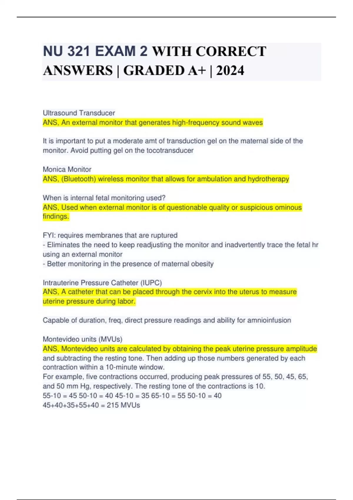 NU 321 EXAM 2 WITH CORRECT ANSWERS | GRADED A+ | 2024 - NU 321 - Stuvia US