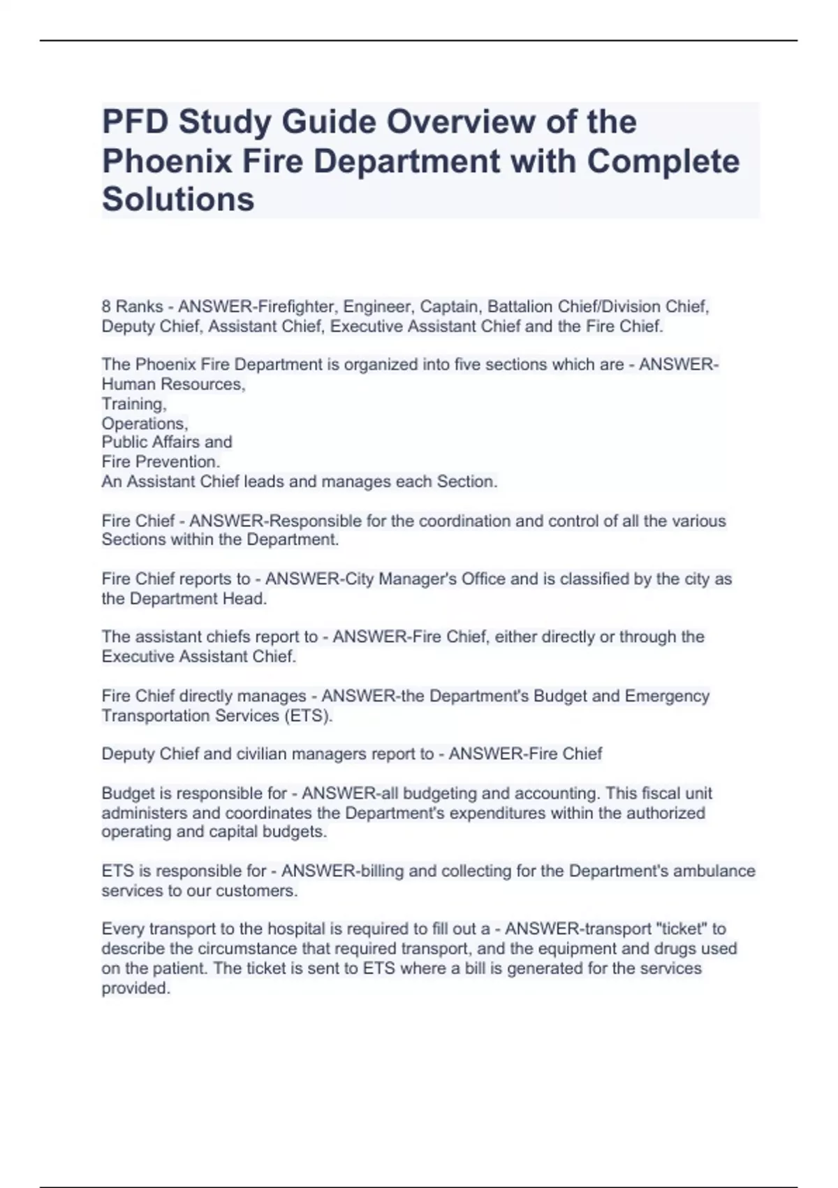 PFD Study Guide Overview of the Phoenix Fire Department with Complete ...