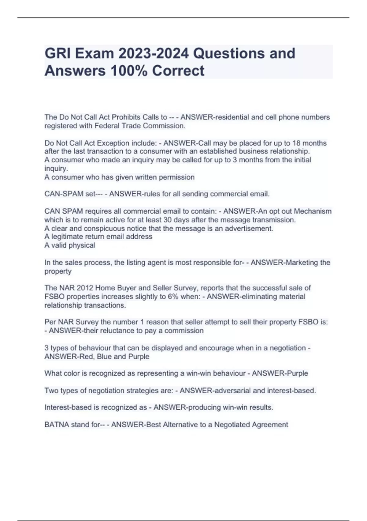 GRI Exam Questions and Answers 100% Correct - GRI - Stuvia UK