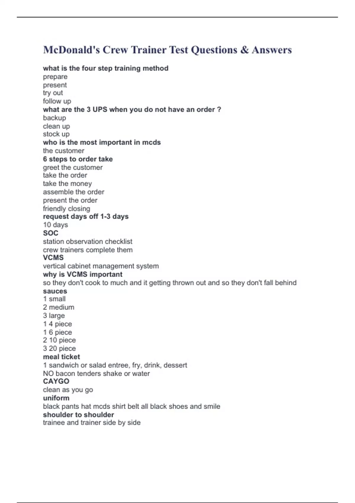 McDonald's Crew Trainer Test Questions & Answers - McDonald\'s Crew ...