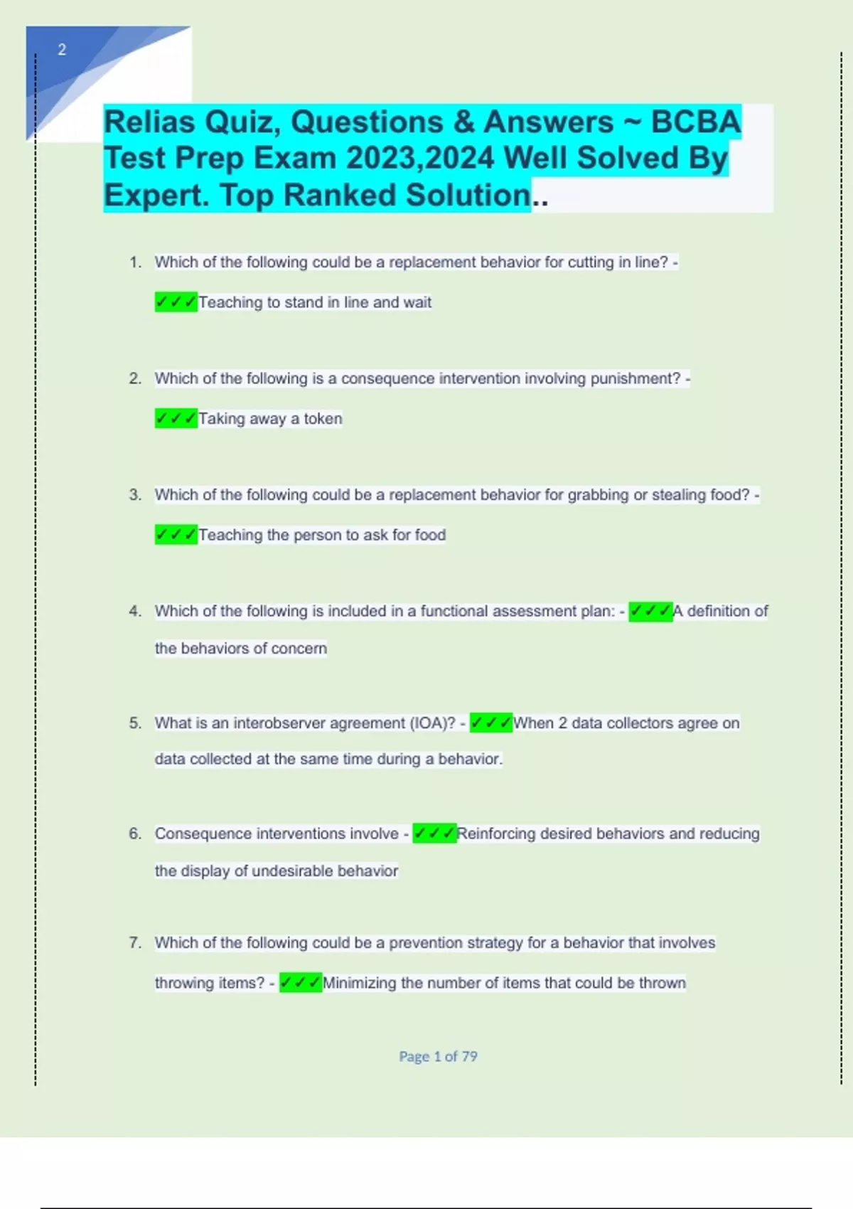 Relias Quiz, Questions & Answers ~ BCBA Test Prep Exam 2023,2024 Well ...