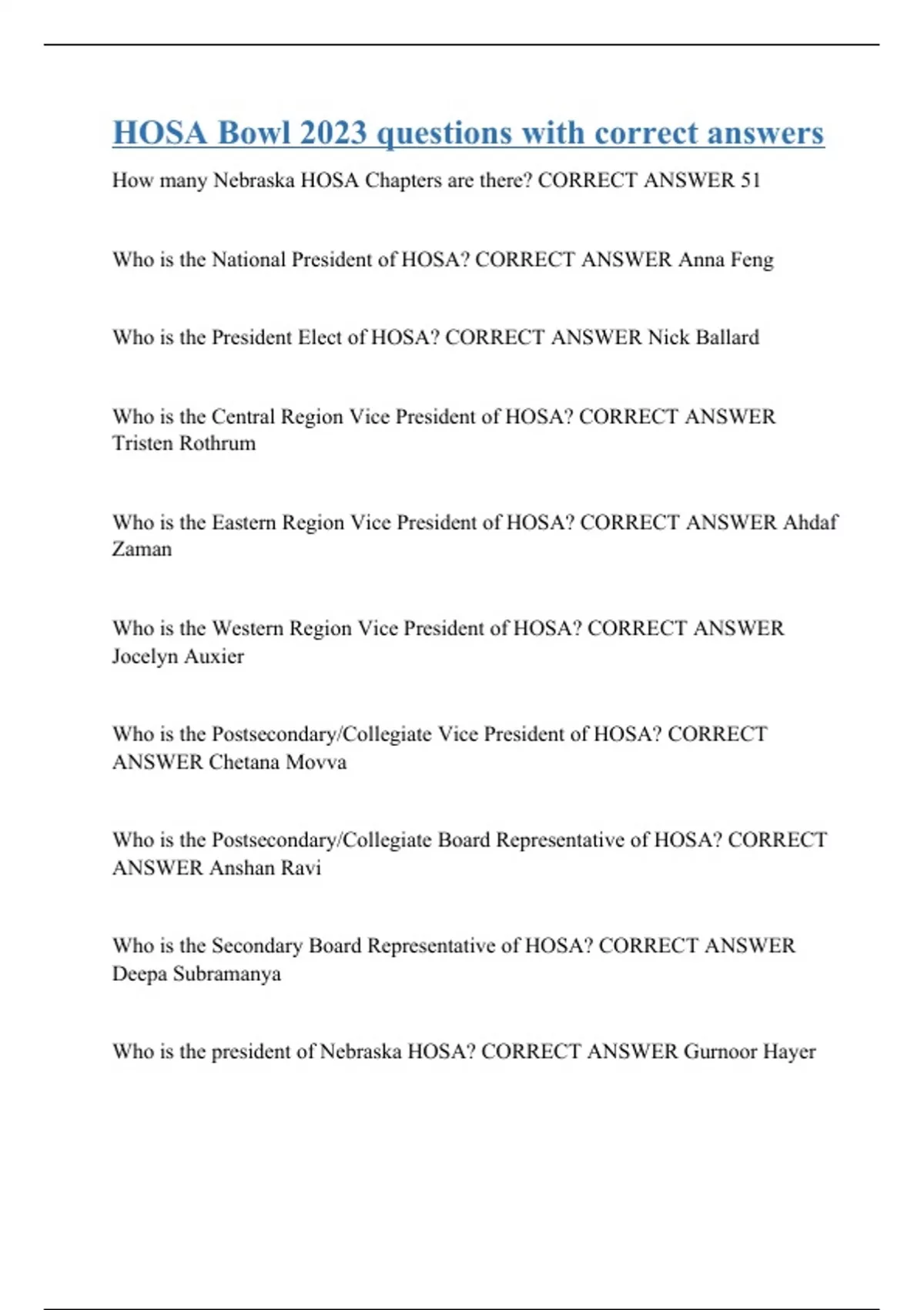 HOSA Bowl 2023 questions with correct answers - HOSA Bowl - Stuvia US