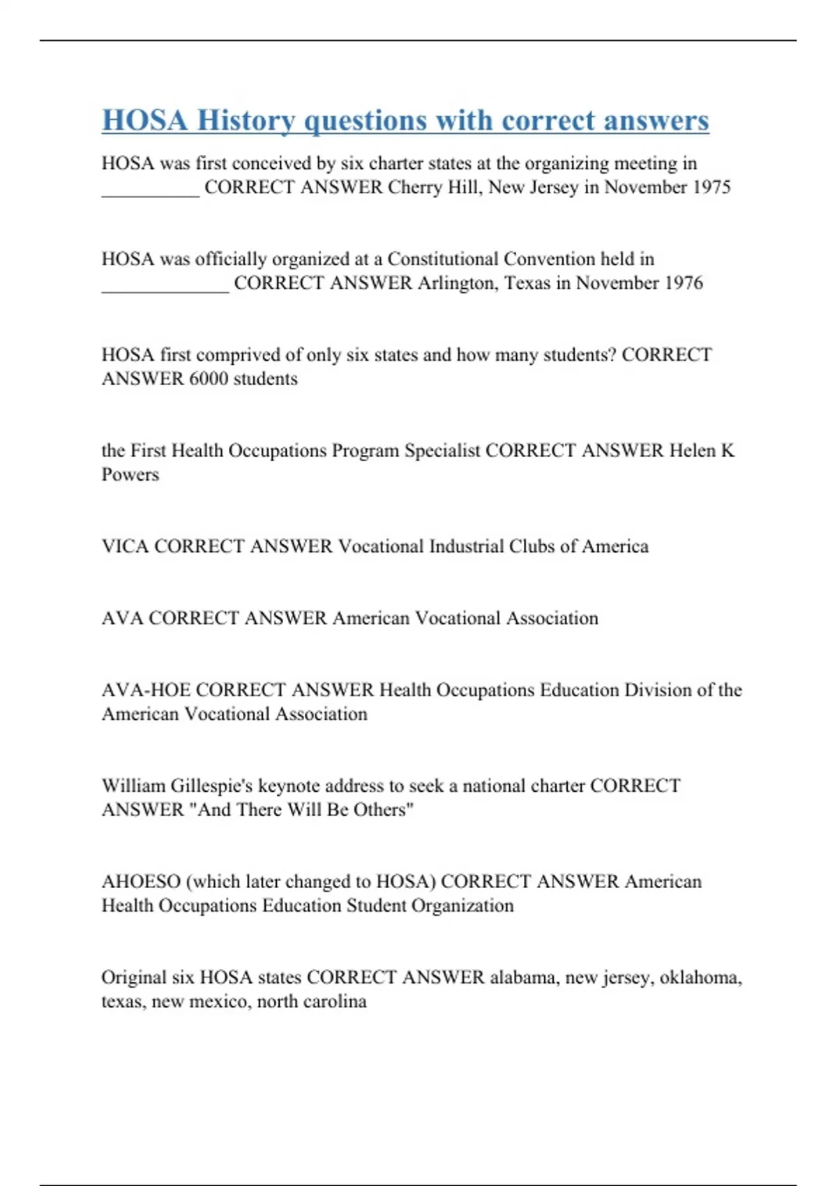HOSA History questions with correct answers - HOSA - Stuvia US