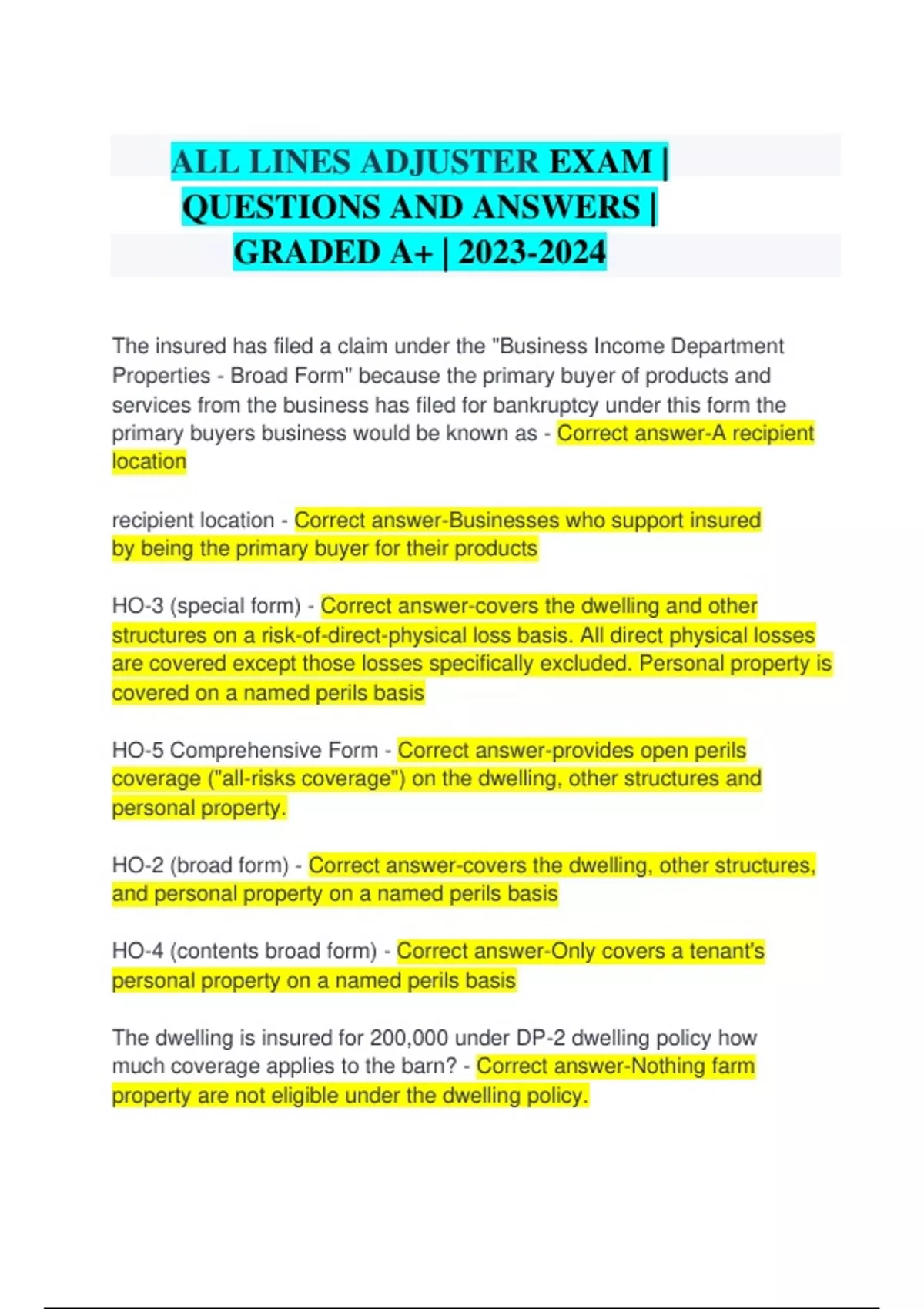 ALL LINES ADJUSTER EXAM | QUESTIONS AND ANSWERS | GRADED A+ ...