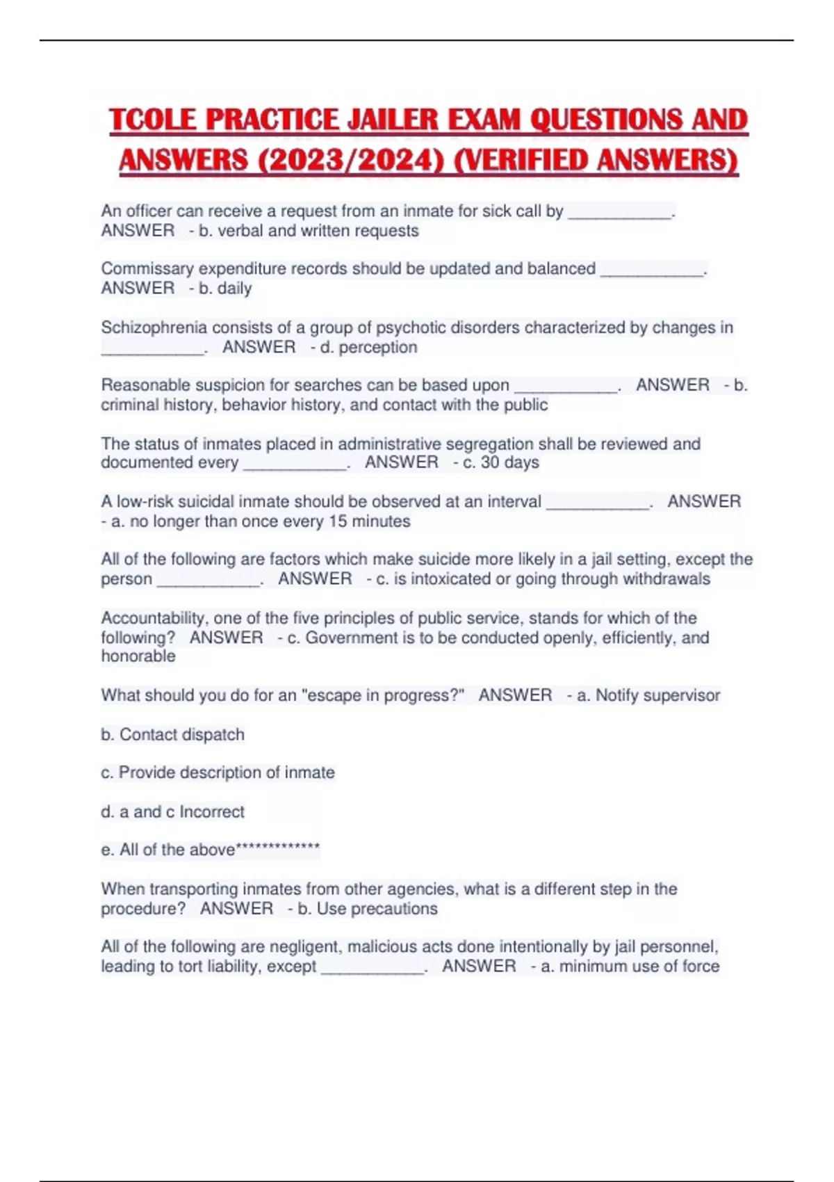 TCOLE PRACTICE JAILER EXAM QUESTIONS AND ANSWERS (2023/2024) (VERIFIED ...