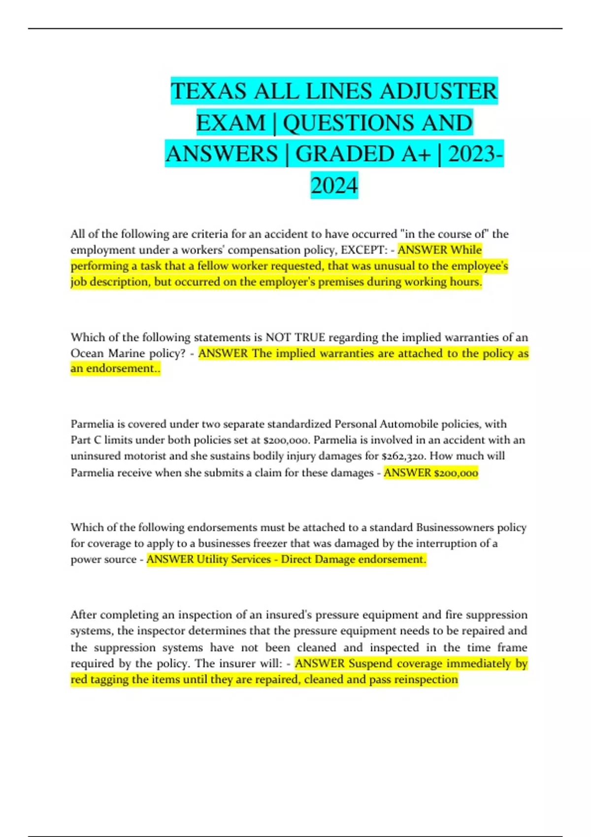TEXAS ALL LINES ADJUSTER EXAM | QUESTIONS AND ANSWERS | GRADED A+ ...