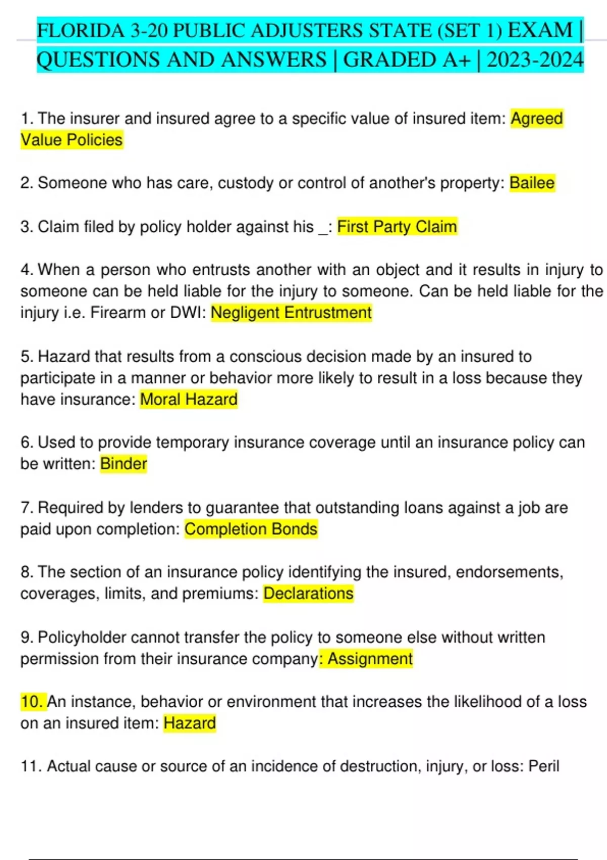 FLORIDA 3-20 PUBLIC ADJUSTERS STATE (SET 1) EXAM | QUESTIONS AND ...