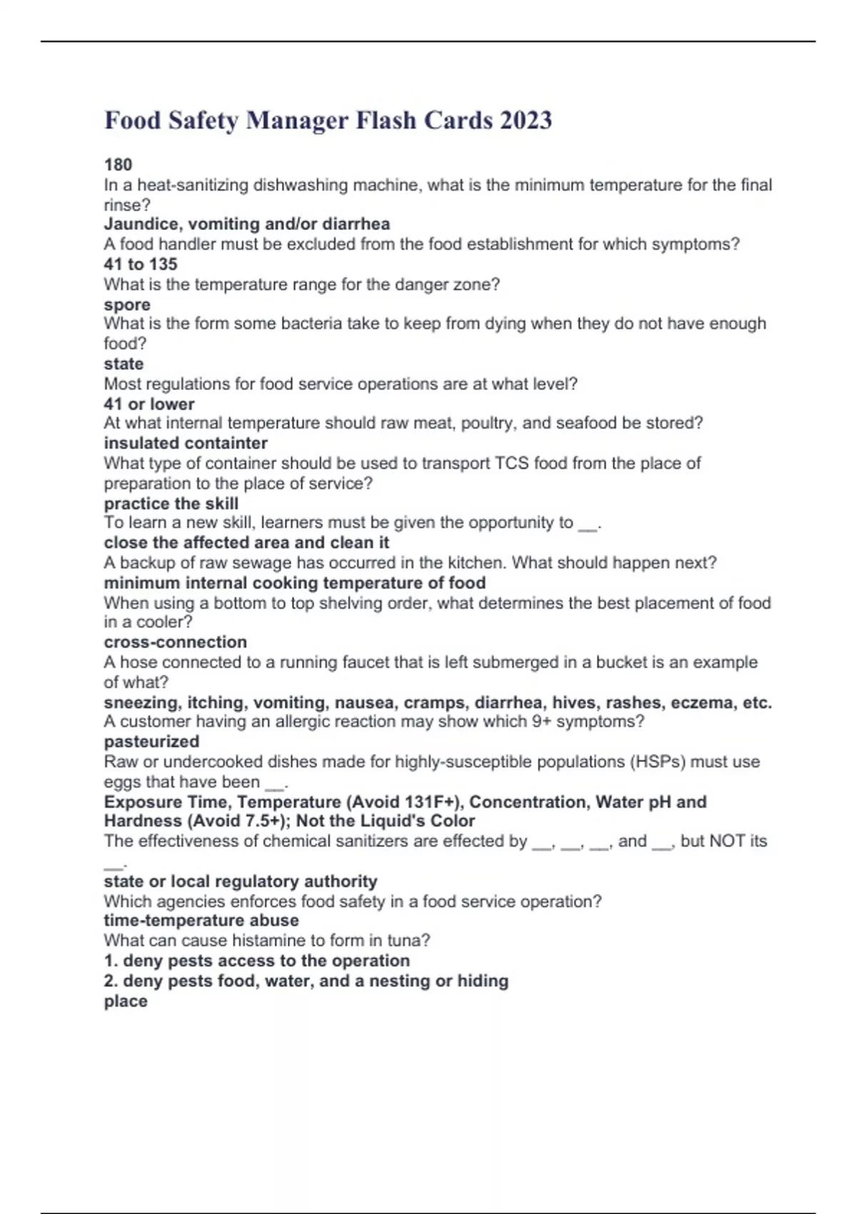 Food Safety Manager Flash Cards 2023 - Food Safety Manager - Stuvia US