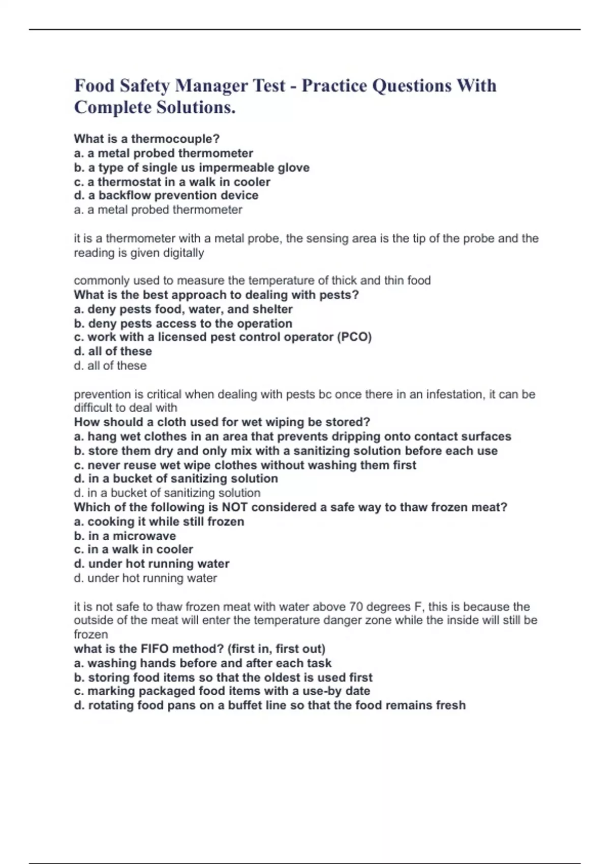 Food Safety Manager Test - Practice Questions With Complete Solutions ...