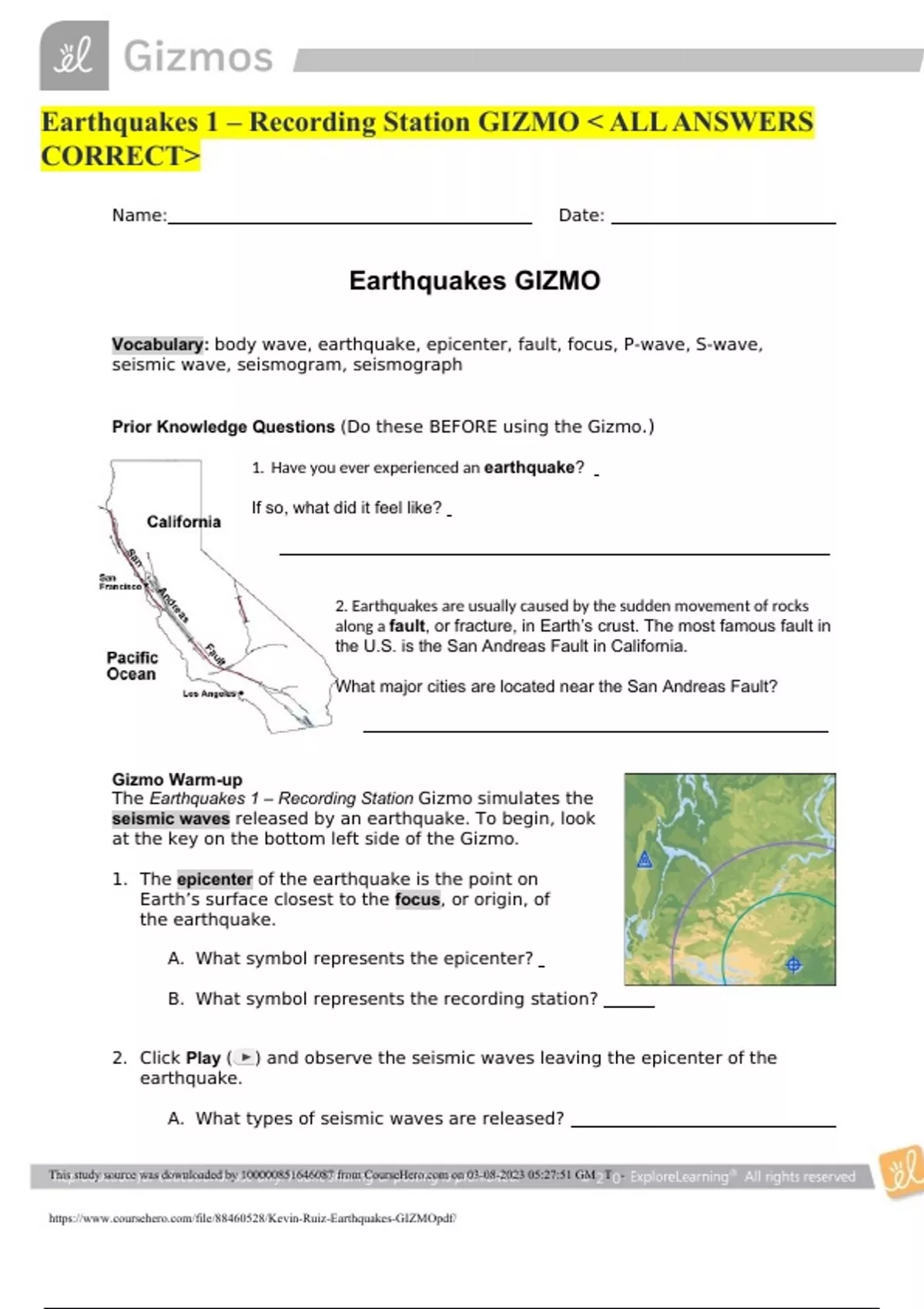 Earthquakes 1 – Recording Station GIZMO ALL ANSWERS CORRECT ...