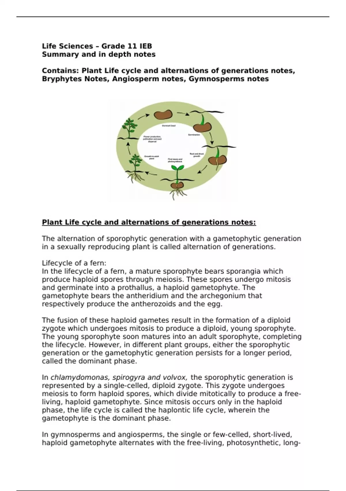 Summary Plant Life Cycles - Life Sciences - Stuvia SA