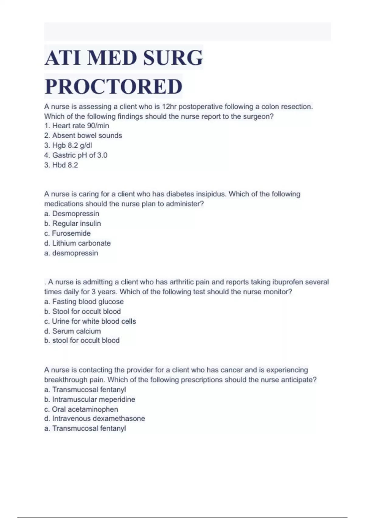 ATI MED SURG PROCTORED EXAM RETAKE COMPLETE 2024( A+ GRADED 100% ...