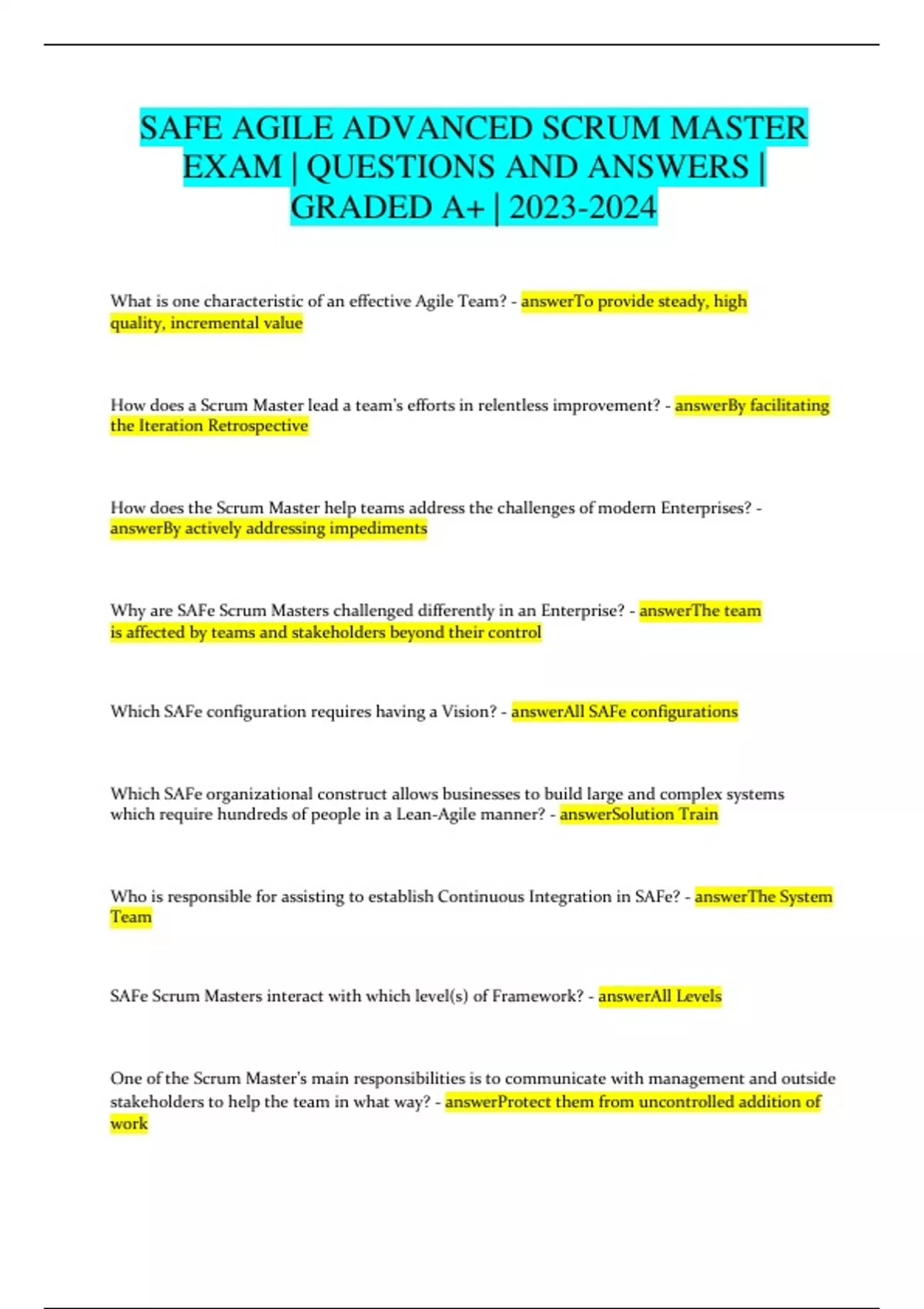 SAFE AGILE ADVANCED SCRUM MASTER EXAM | QUESTIONS AND ANSWERS | GRADED ...