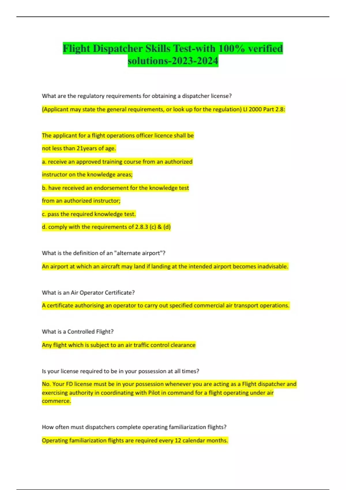 Flight Dispatcher Skills Test-with 100% verified solutions-2023 ...