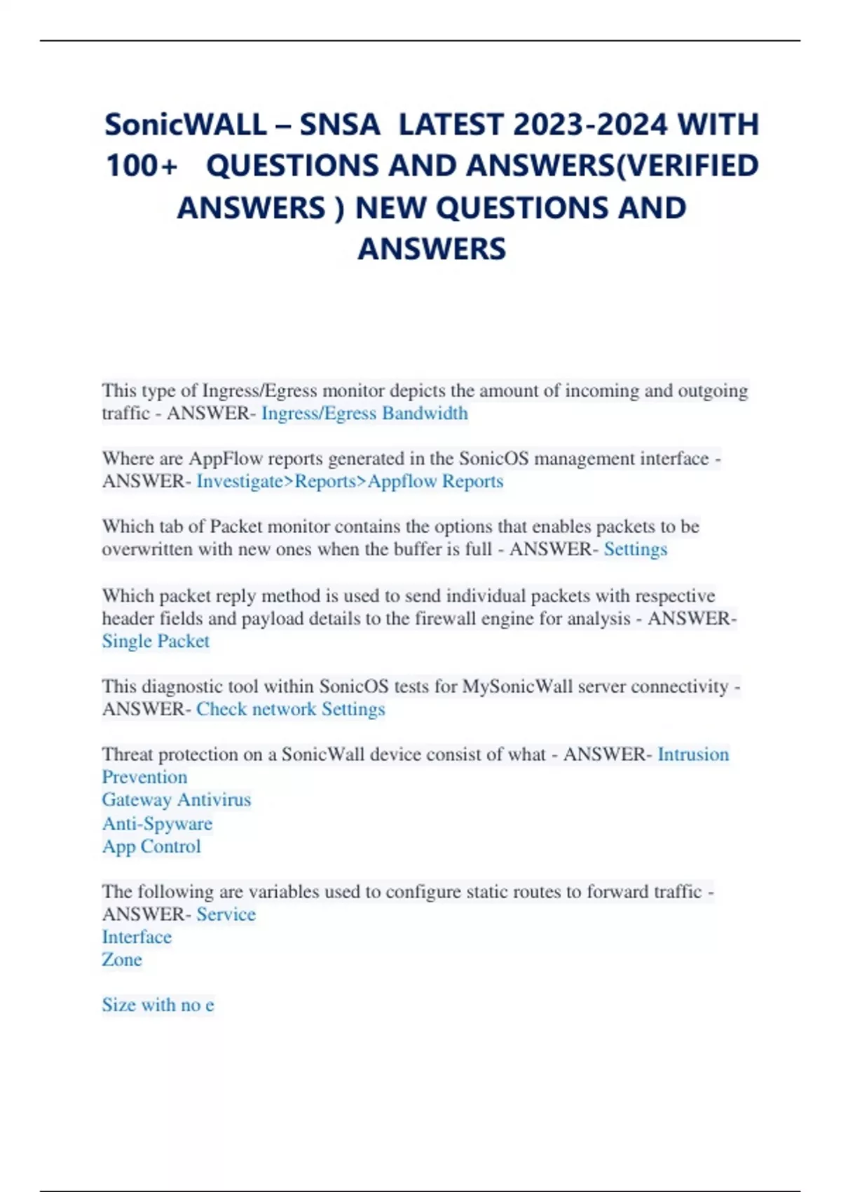 SonicWALL – SNSA LATEST WITH 100+ QUESTIONS AND ANSWERS(VERIFIED ...
