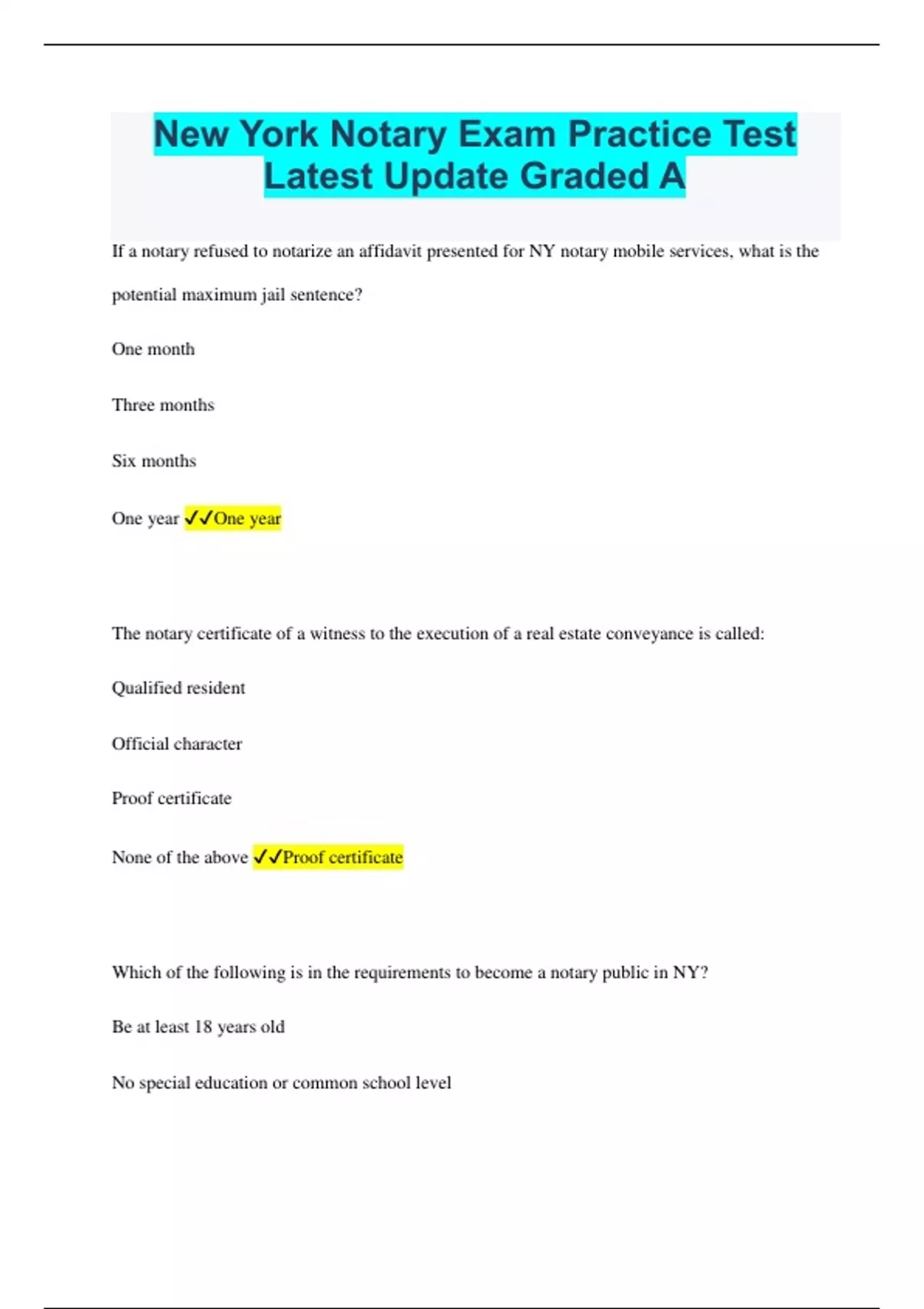 New York Notary Exam Practice Test Latest Update Graded A - New York ...