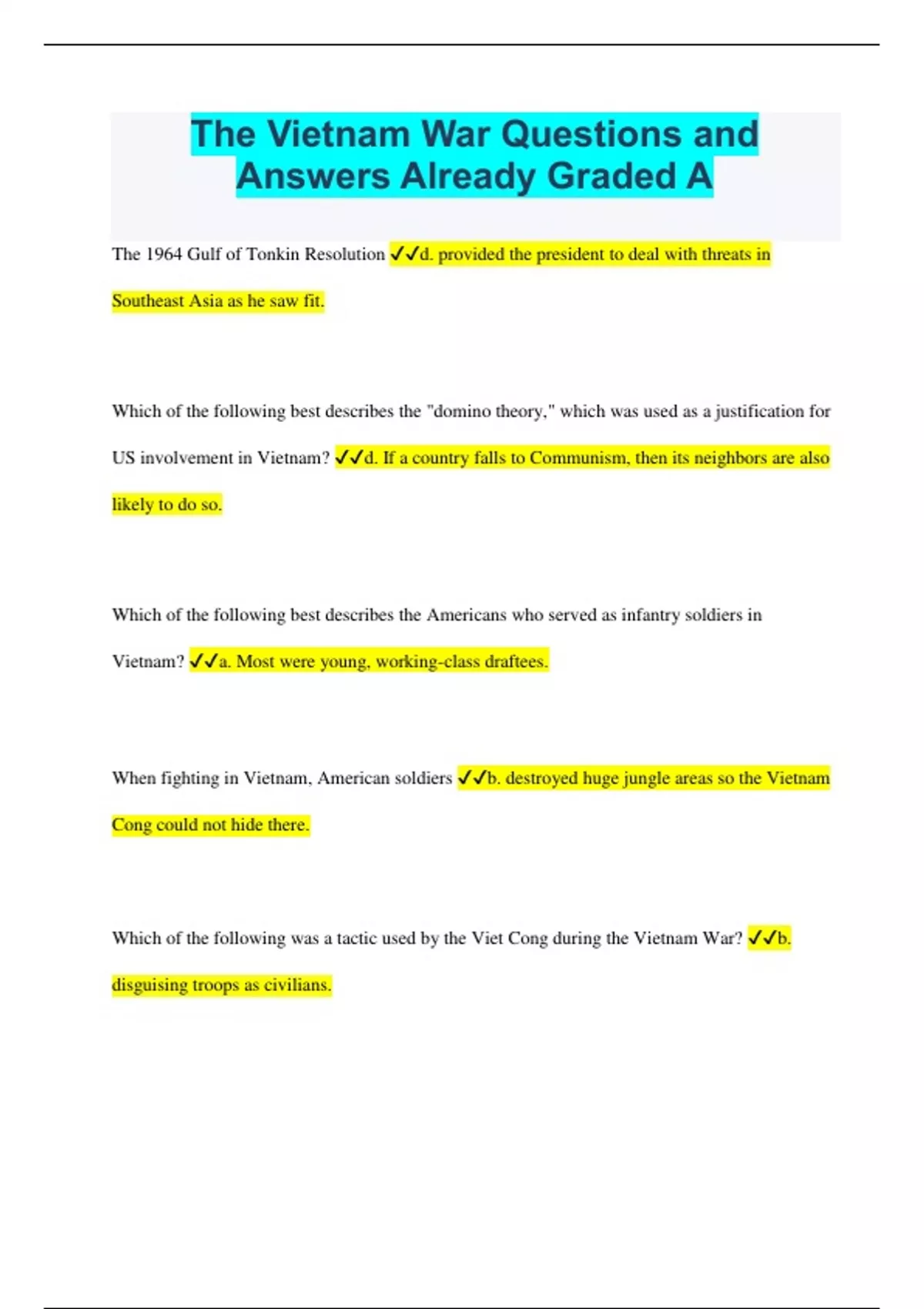 The Vietnam War Questions and Answers Already Graded A - The Vietnam ...