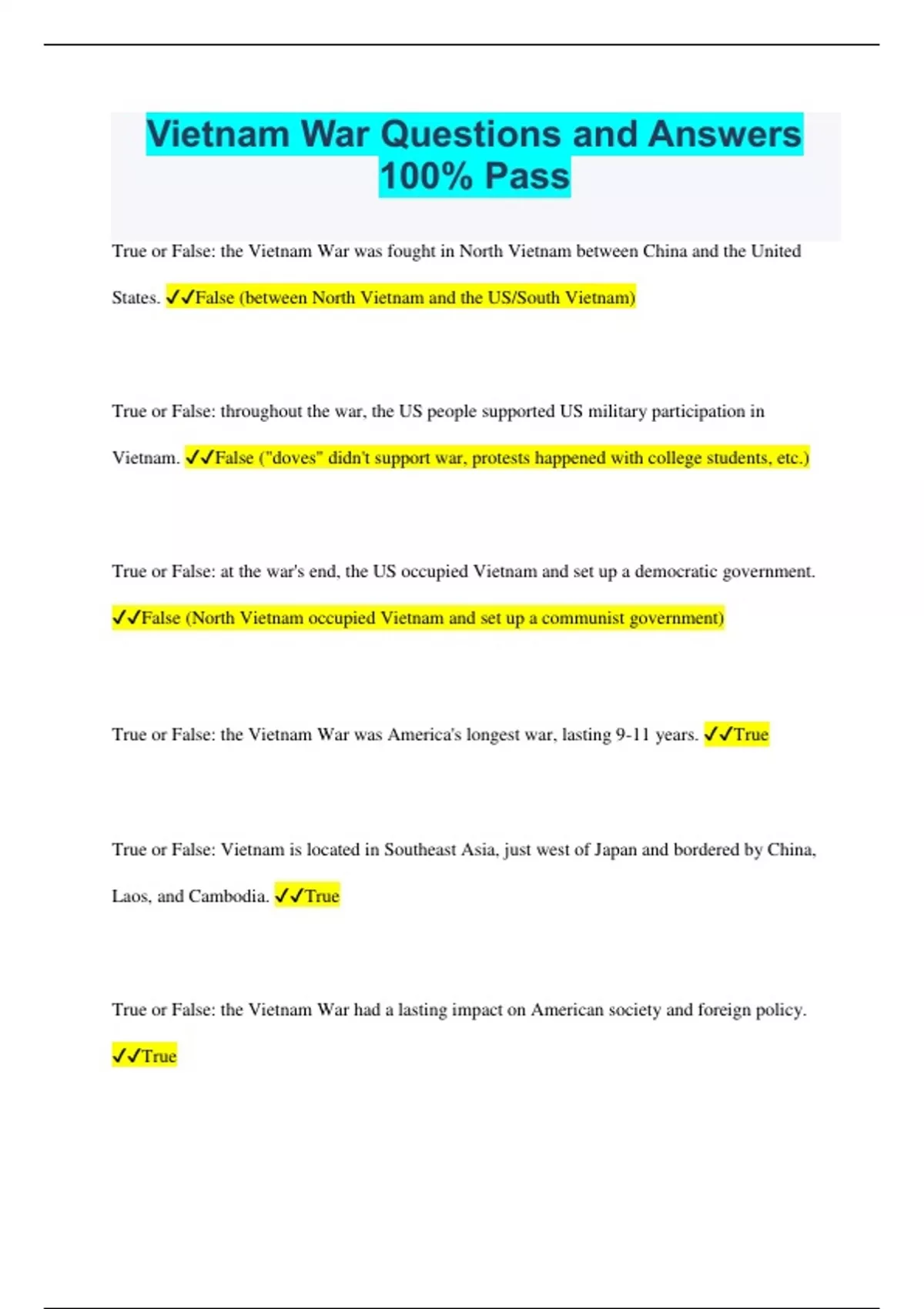 Vietnam War Questions and Answers 100% Pass - Vietnam War - Stuvia US