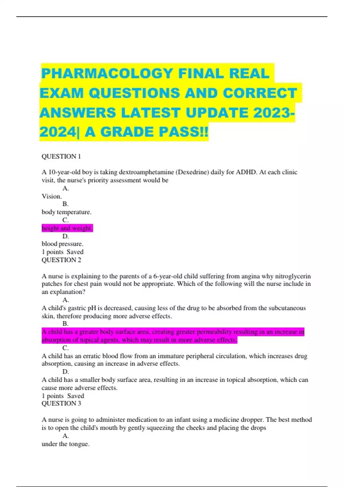 PHARMACOLOGY FINAL REAL EXAM QUESTIONS AND CORRECT ANSWERS LATEST ...