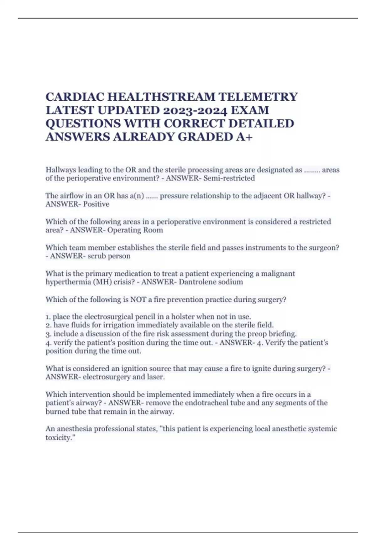 CARDIAC HEALTHSTREAM TELEMETRY LATEST UPDATED EXAM QUESTIONS WITH ...