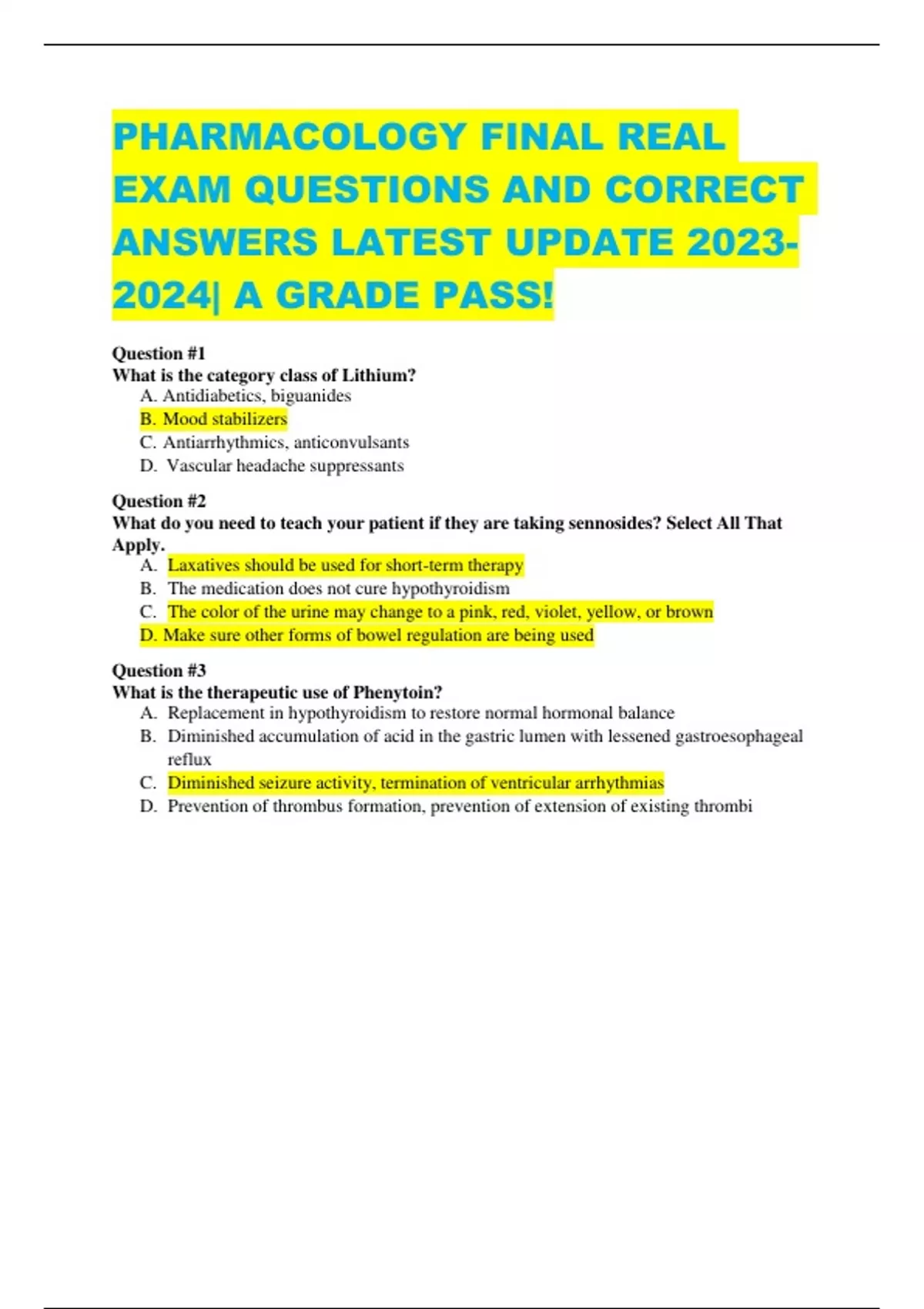 PHARMACOLOGY FINAL REAL EXAM QUESTIONS AND CORRECT ANSWERS LATEST ...