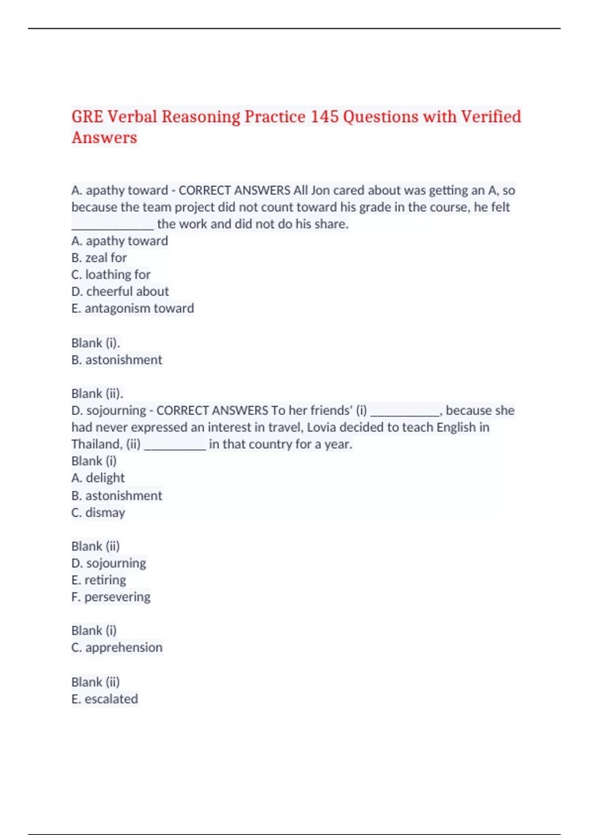 GRE Verbal Reasoning Practice 145 Questions with Verified Answers,100% ...