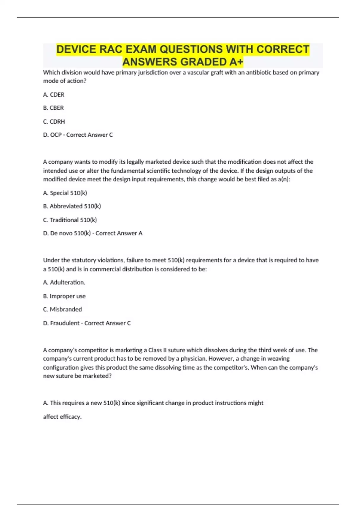 DEVICE RAC EXAM QUESTIONS WITH CORRECT ANSWERS GRADED A+ - RAC - Stuvia US