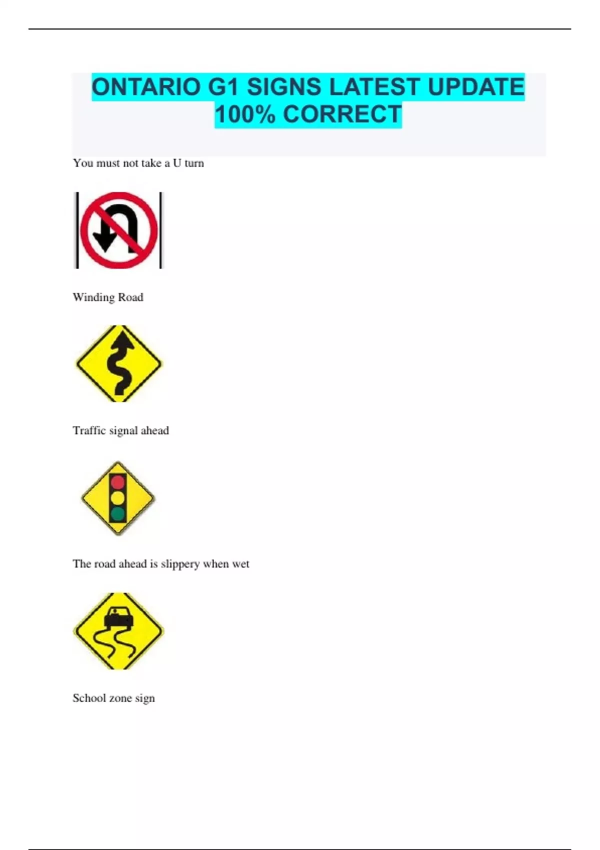 ONTARIO G1 SIGNS LATEST UPDATE 100% CORRECT - ONTARIO G1 SIGNS - Stuvia US