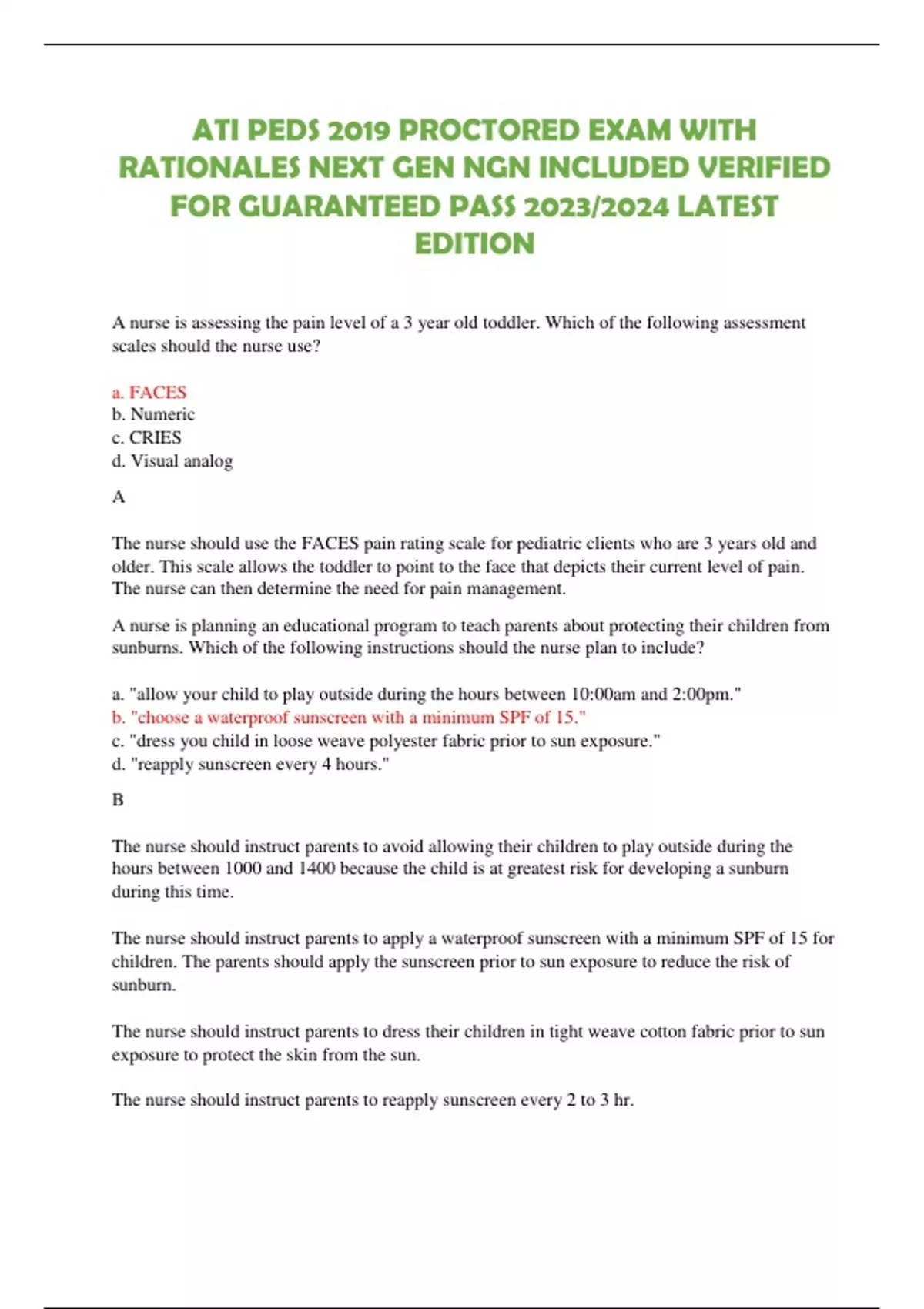 ATI PEDS 2019 PROCTORED EXAM WITH RATIONALES NEXT GEN NGN INCLUDED ...
