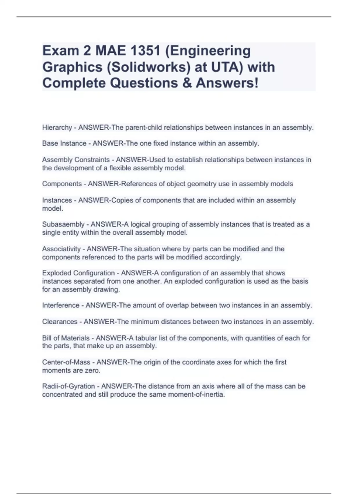 Exam 2 MAE 1351 (Engineering Graphics (Solidworks) at UTA) with ...