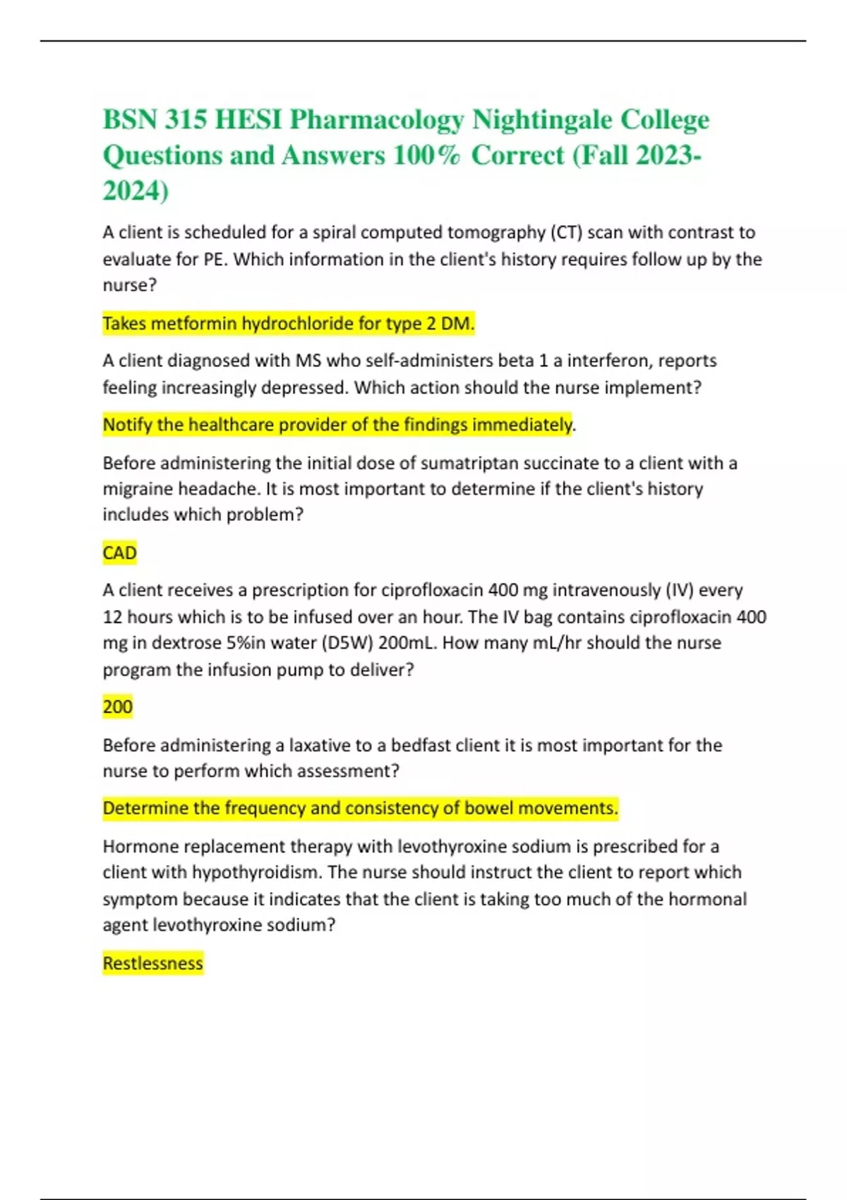 BSN 315 HESI Pharmacology Nightingale College Questions and Answers 100 ...