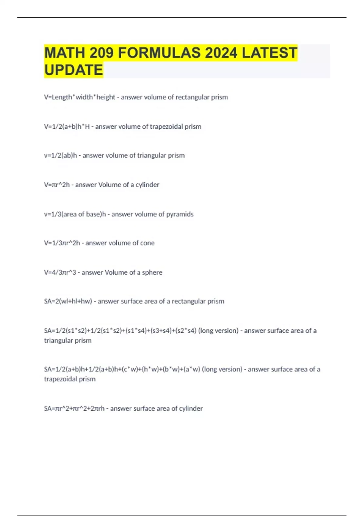 MATH 209 FORMULAS 2024 LATEST UPDATE - MATH 209 - Stuvia US