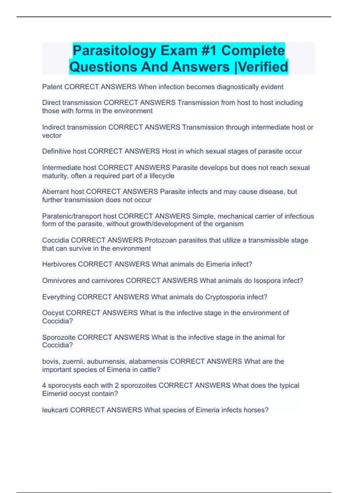 Parasitology Exam #1 Complete Questions And Answers |Verified ...
