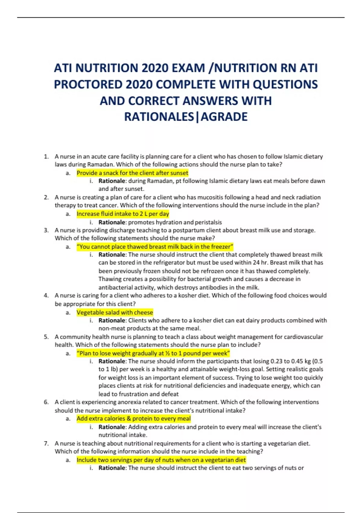 ATI NUTRITION 2020 EXAM /NUTRITION RN ATI PROCTORED 2020 COMPLETE WITH QUESTIONS AND CORRECT ...
