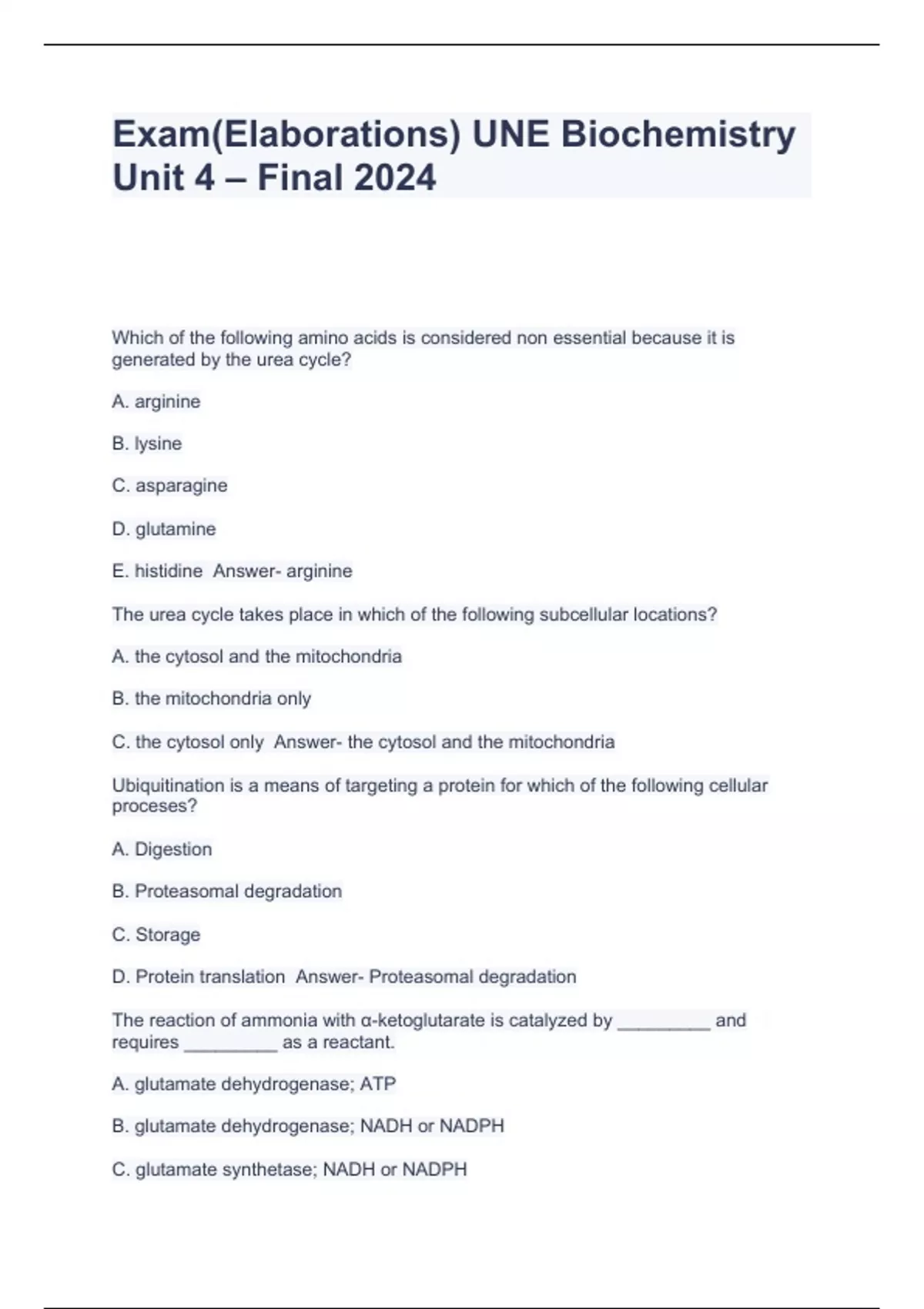 Exam(Elaborations) UNE Biochemistry Unit 4 – Final 2024 - UNE Medical Biochemistry - Stuvia US