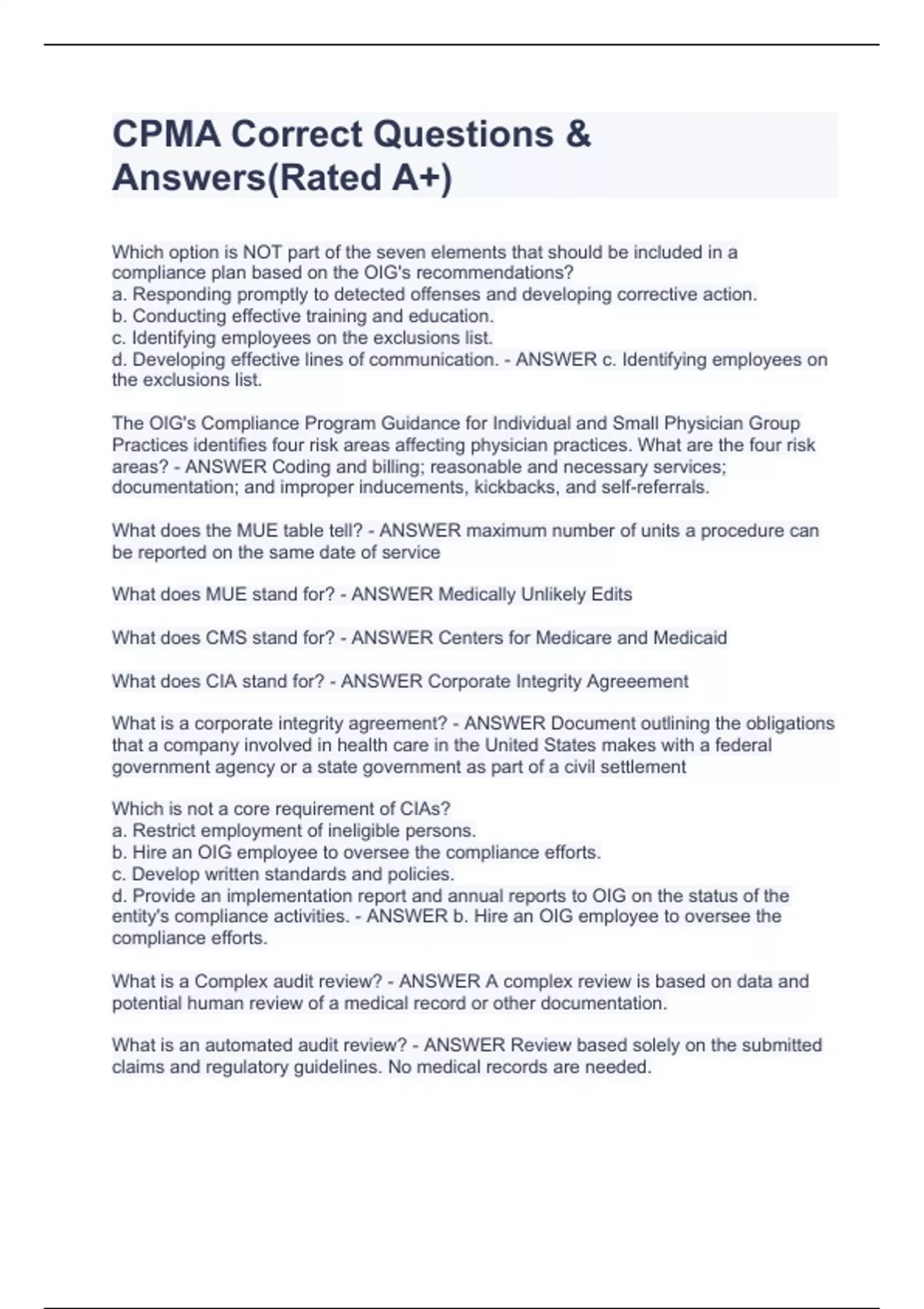 CPMA Correct Questions & Answers(Rated A+) - CPMA - Stuvia US