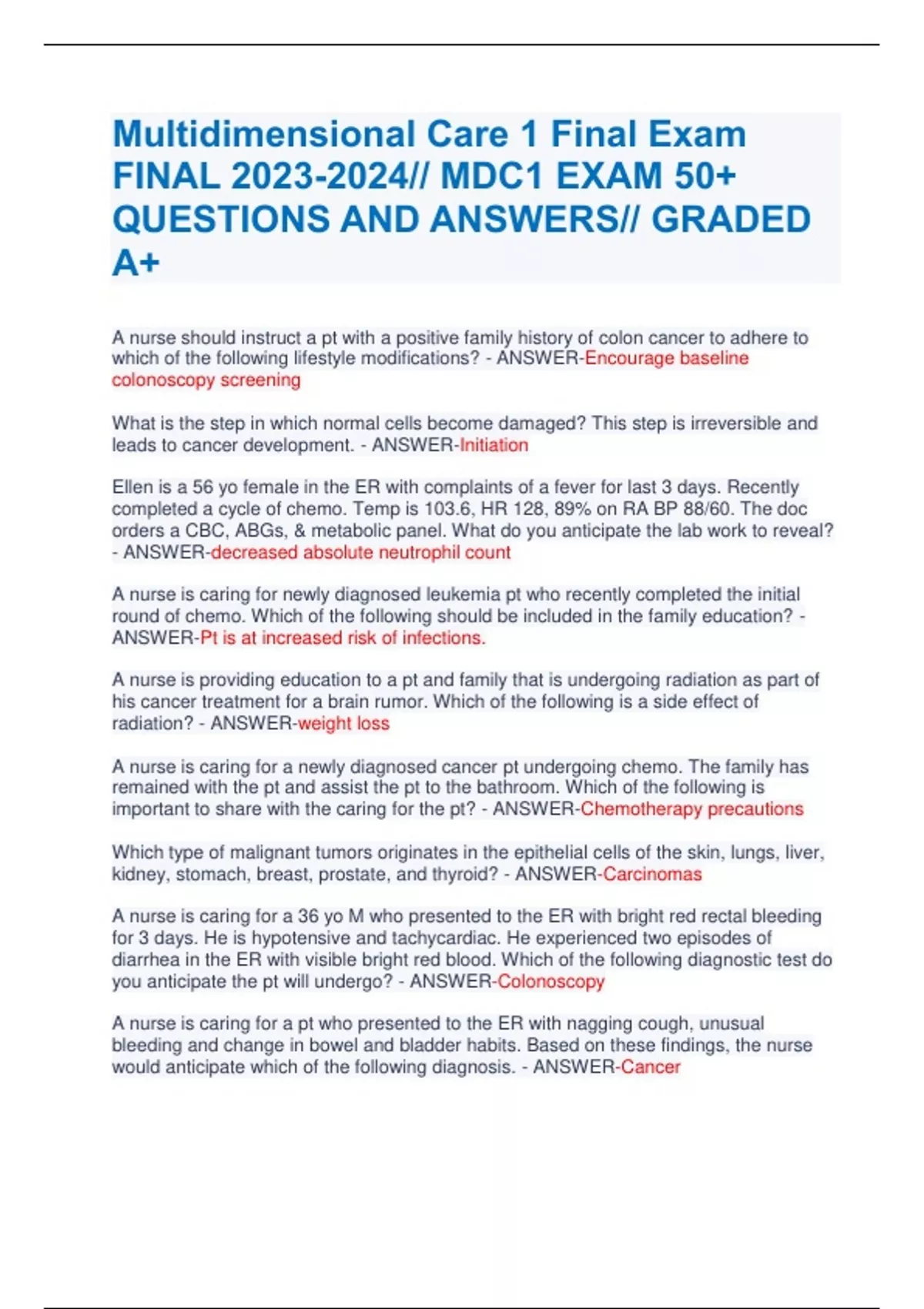 Multidimensional Care 1 Final Exam FINAL // MDC1 EXAM 50+ QUESTIONS AND ANSWERS// GRADED A+ ...