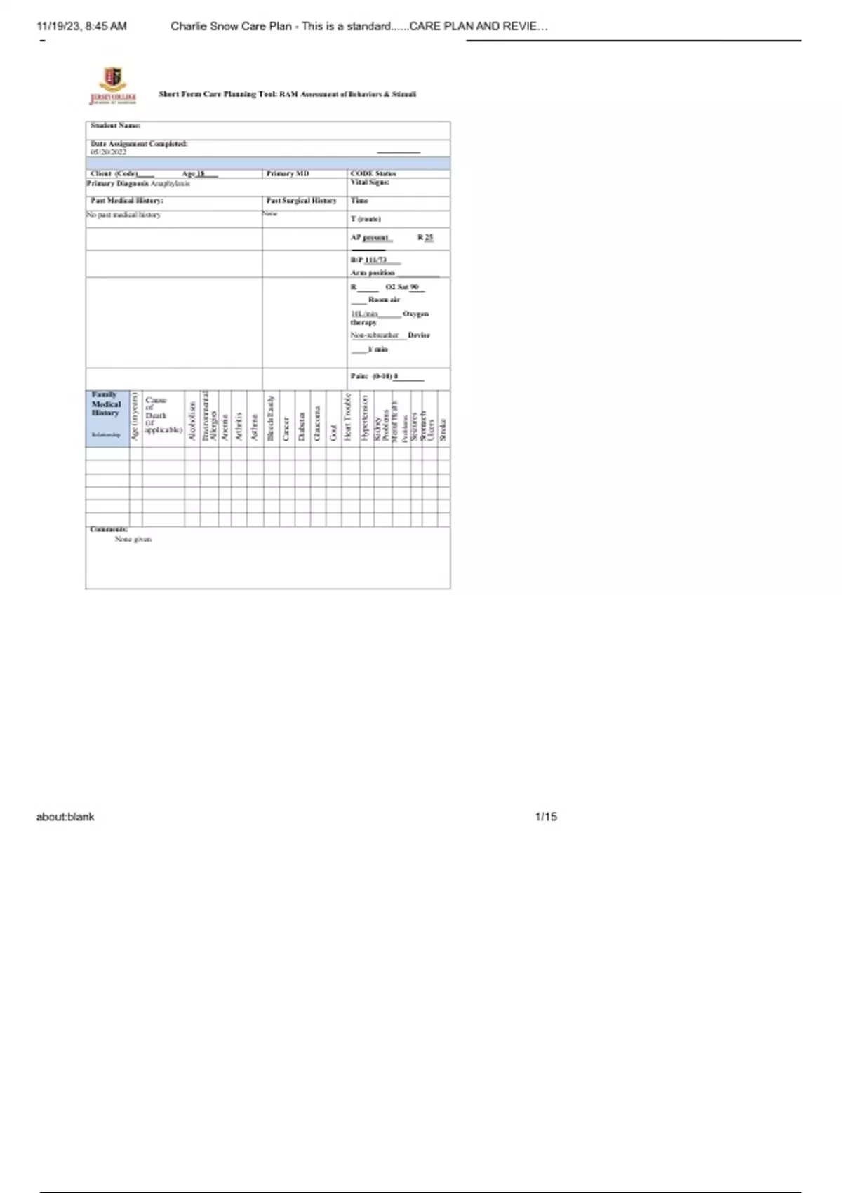 Charlie Snow Care Plan - This is a standard......CARE PLAN AND REVIEW ...
