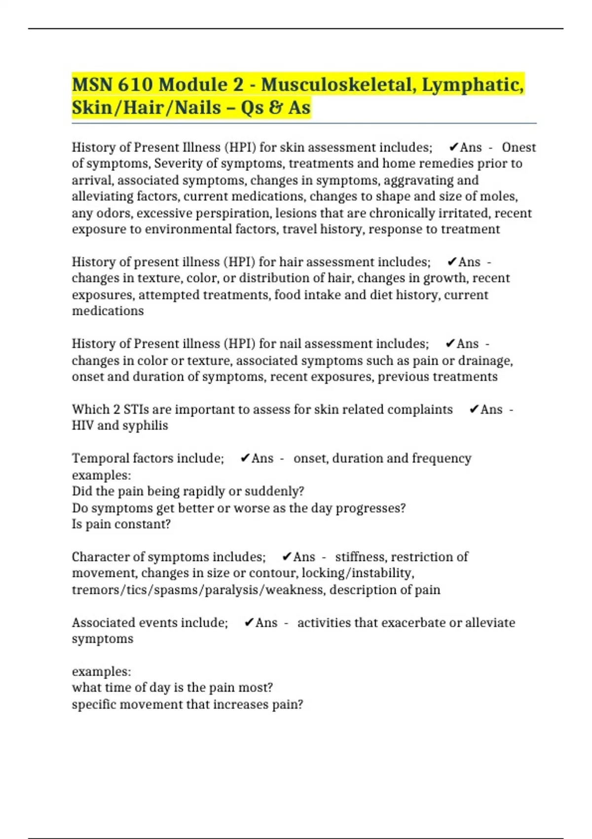 MSN 610 Module 2 - Musculoskeletal, Lymphatic, Skin/Hair/Nails – Qs ...