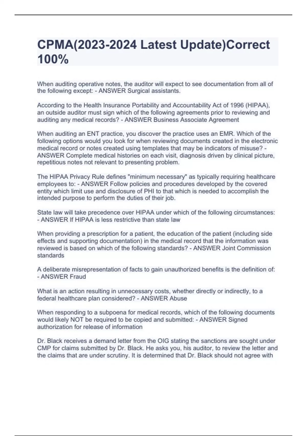 CPMA( Latest Update)Correct 100% - CPMA - Stuvia US