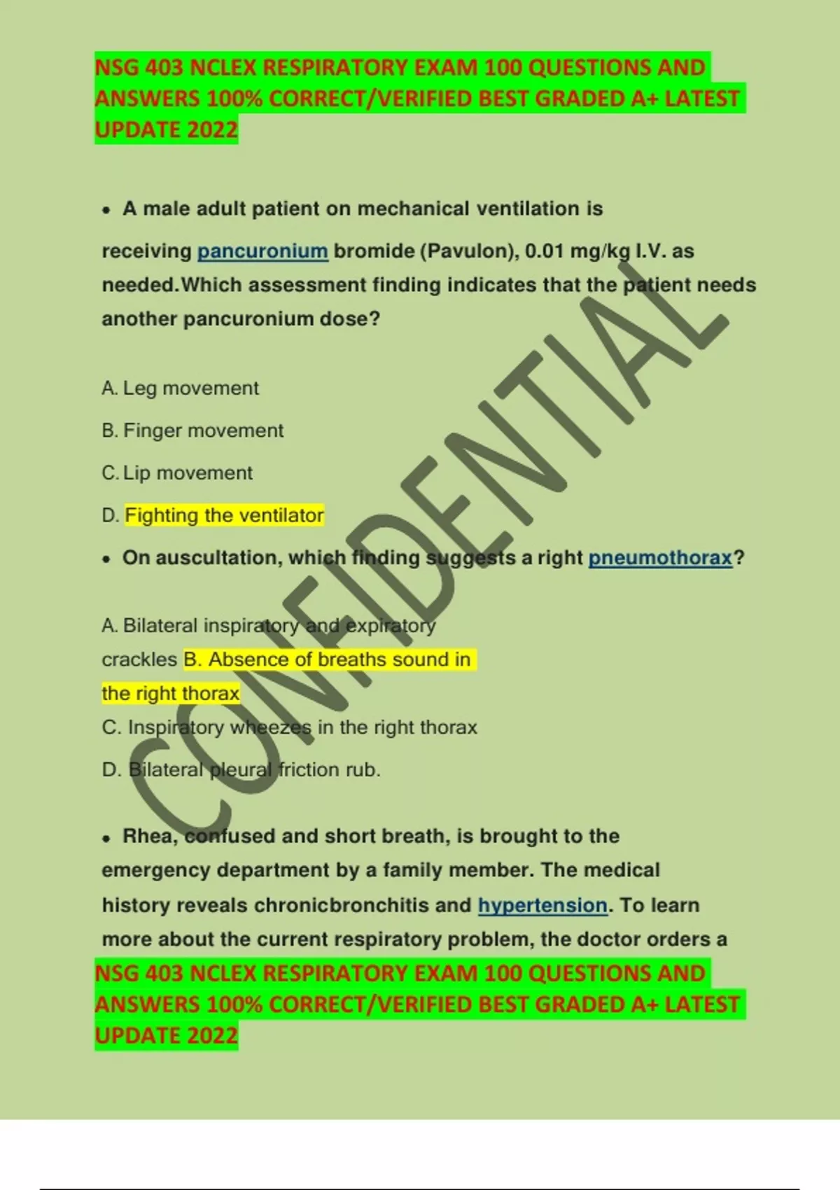 NSG 403 NCLEX RESPIRATORY EXAM 100 QUESTIONS AND ANSWERS 100% CORRECT ...