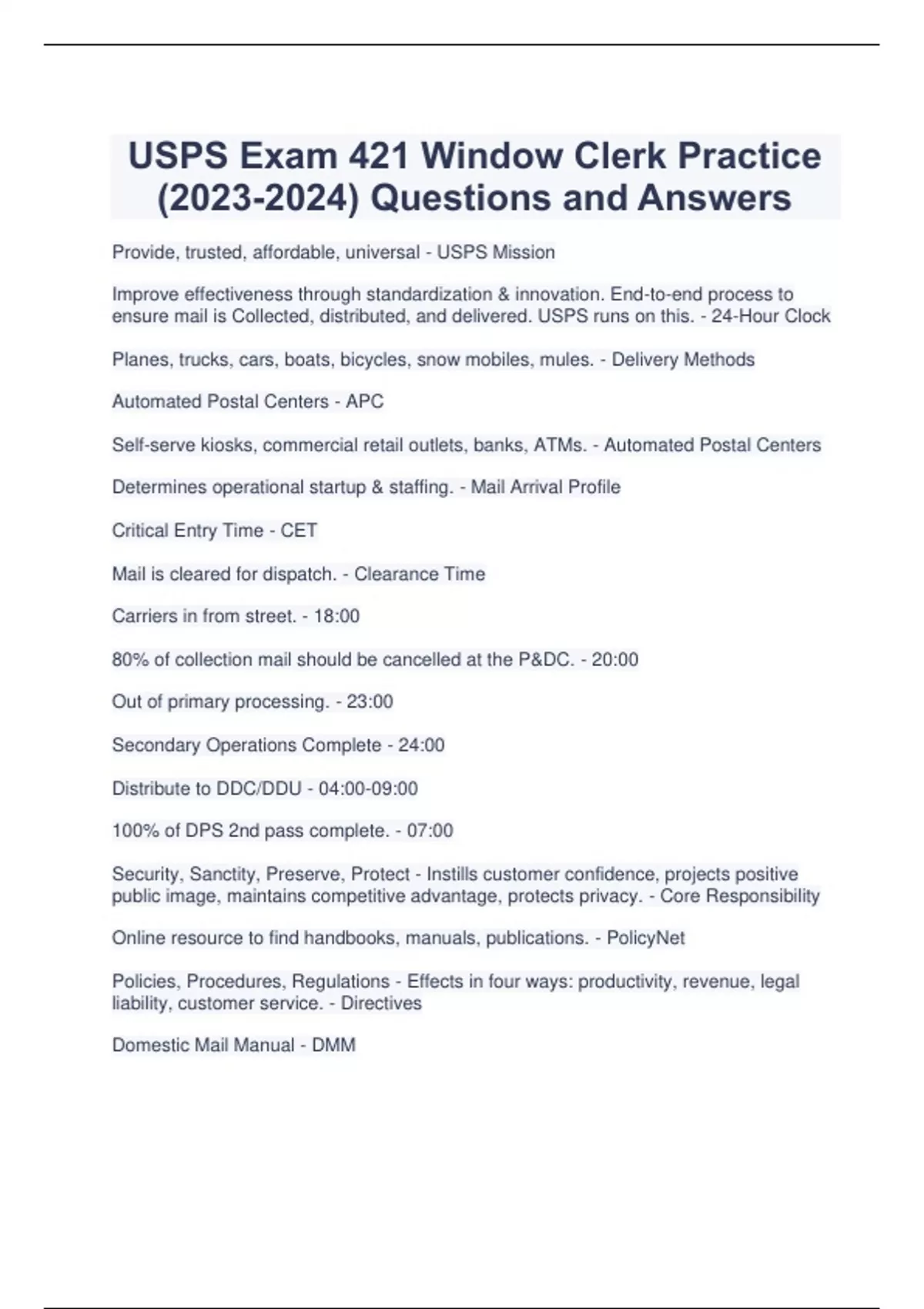 USPS Exam 421 Window Clerk Practice () Questions and Answers - USPS 421 ...