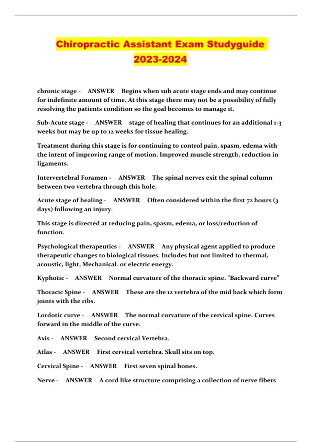 Chiropractic Assistant Exam Studyguide - Chiropractic Assistant - Stuvia US