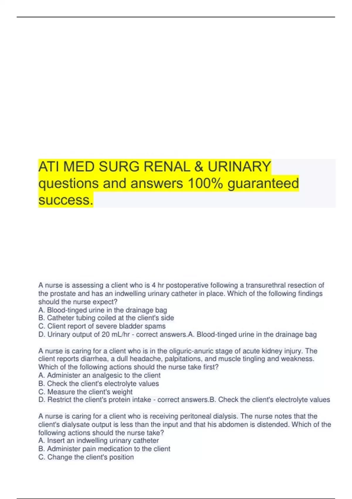 ATI MED SURG RENAL & URINARY questions and answers 100% guaranteed ...