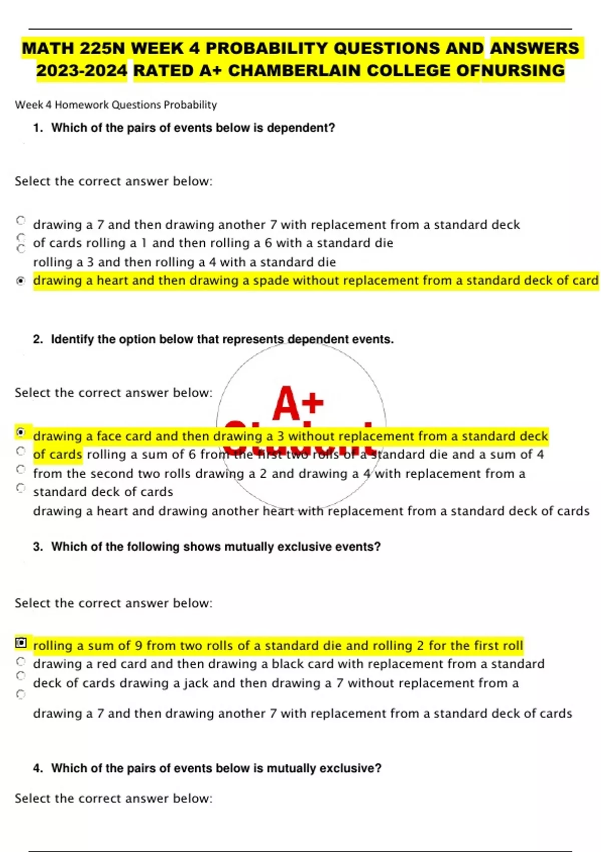 MATH 225N WEEK 4 PROBABILITY QUESTIONS AND ANSWERS RATED A+ CHAMBERLAIN ...