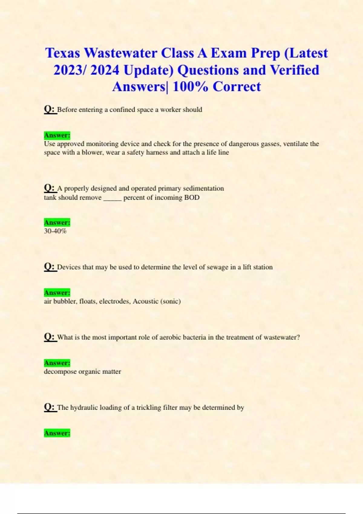 Texas Wastewater Class A Exam Prep (Latest 2023/ 2024 Update) Questions ...